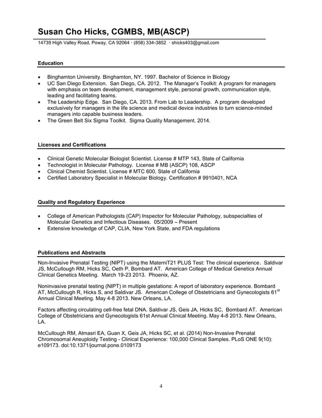 Susan_Hicks_Resume_Mar2016 | PDF | Genetics | Science