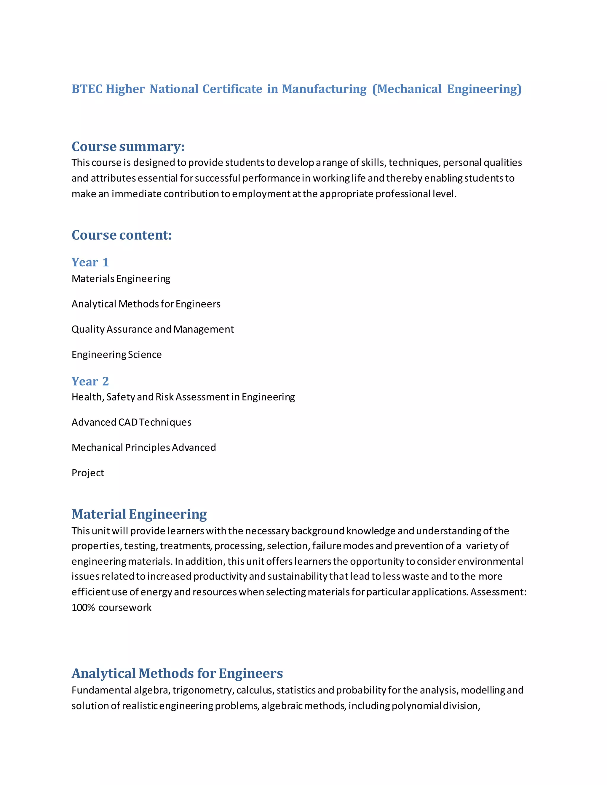 BTEC Higher National Certificate in Manufacturing (Mechanical ...