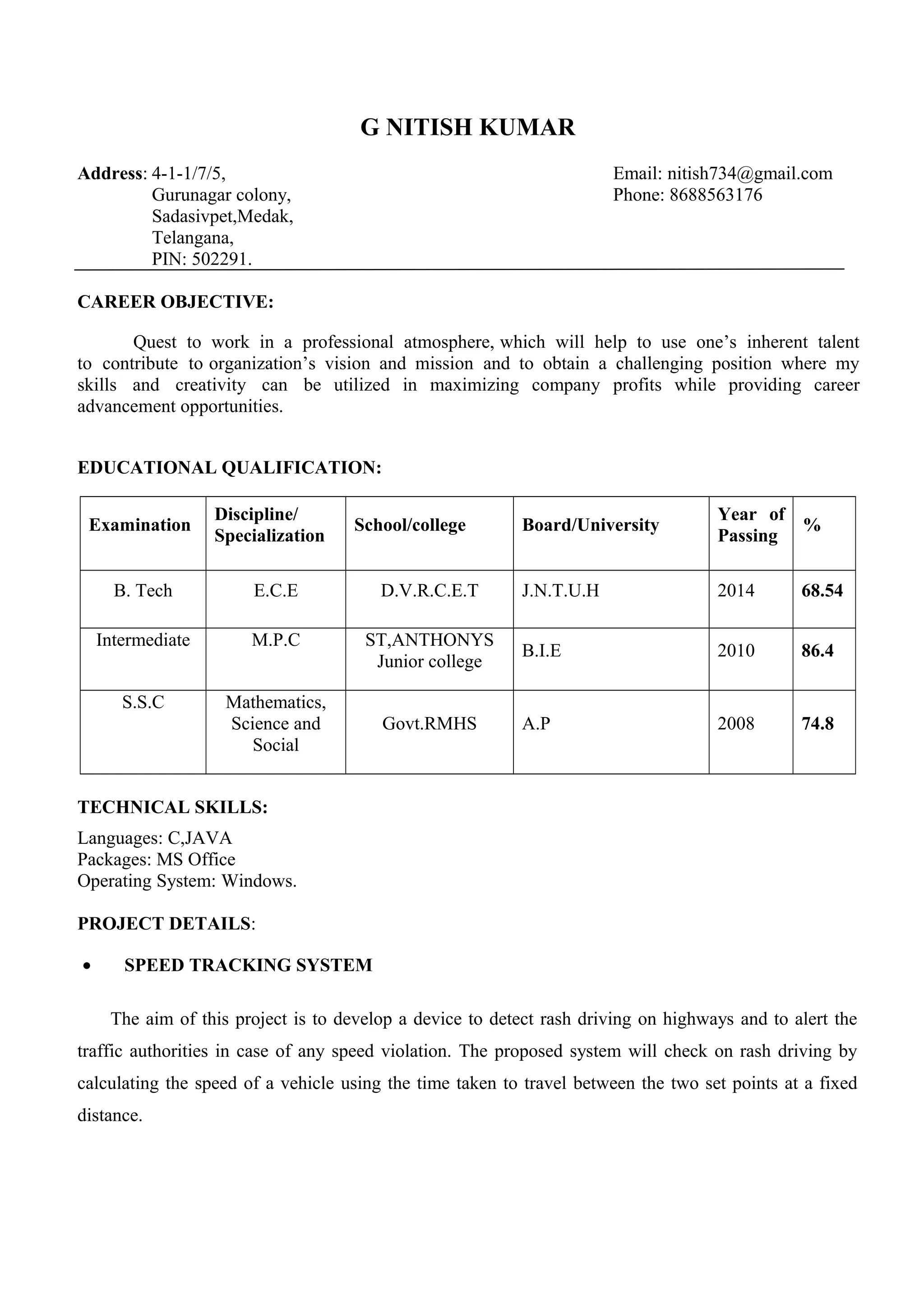 Resume nitish | DOC | Technology & Computing