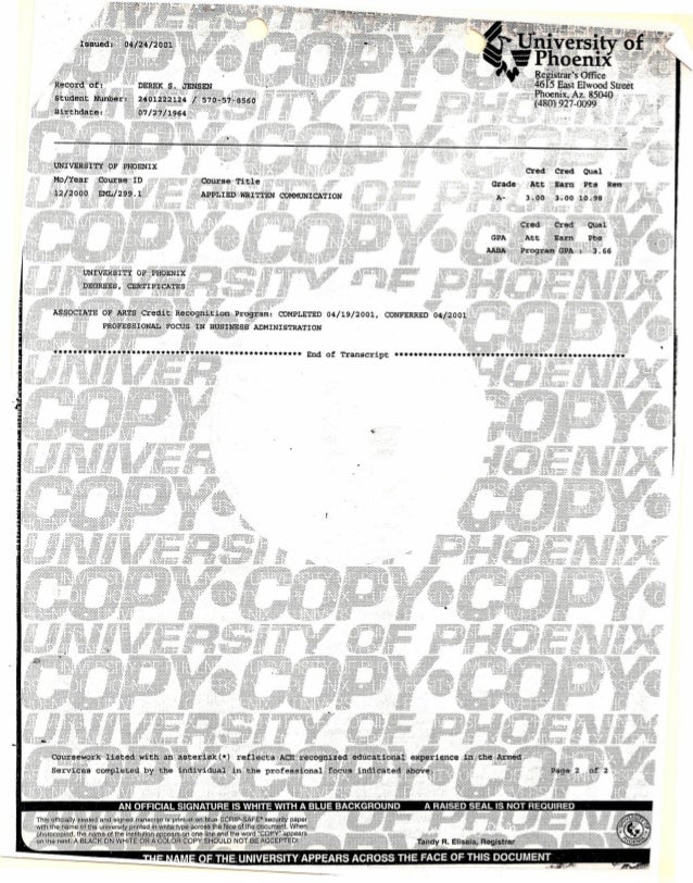 Derek Jensen's University of Phoenix Transcript 2 of 3