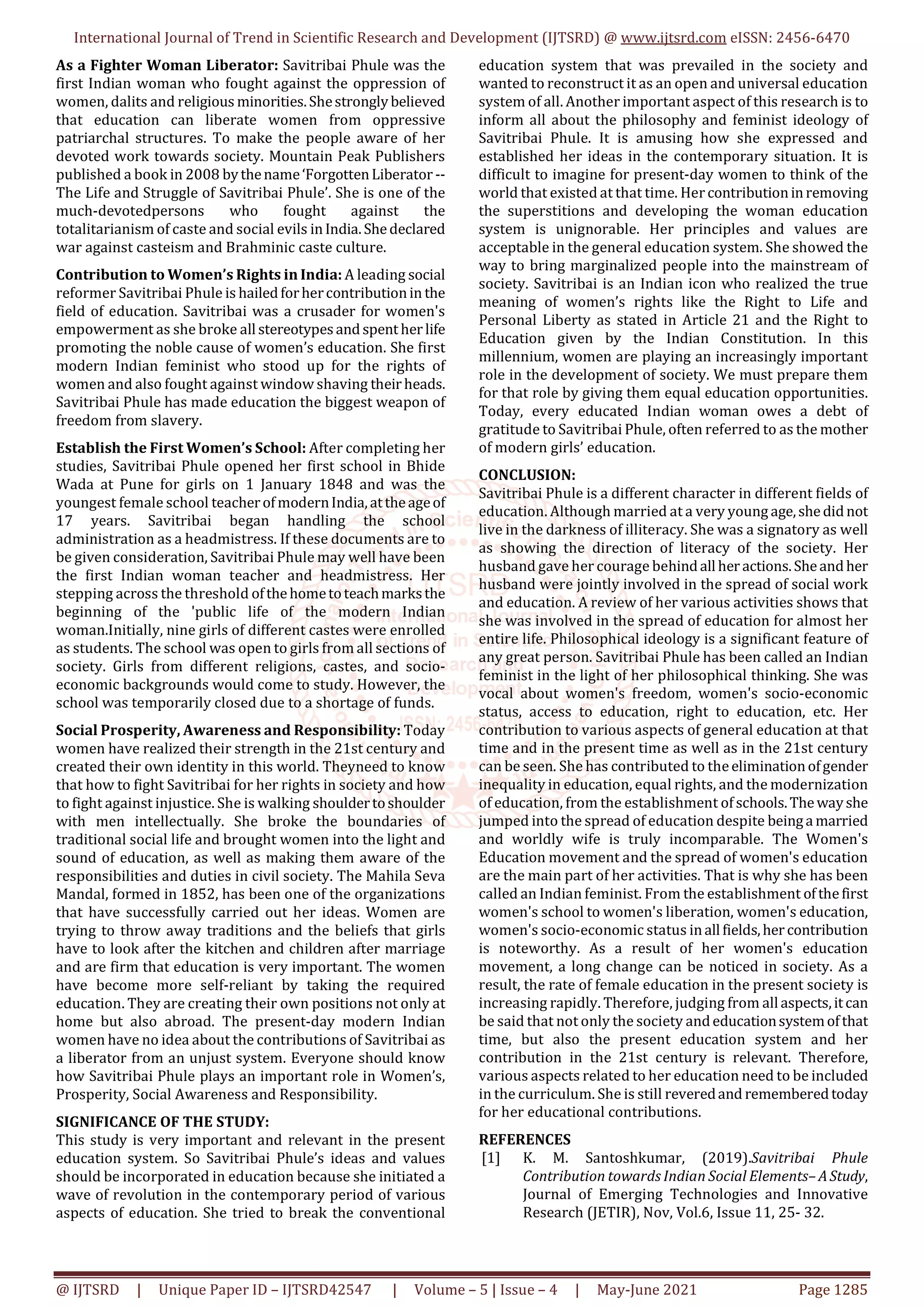 Educational Contribution of Savitribai Phule in 21st Century India | PDF