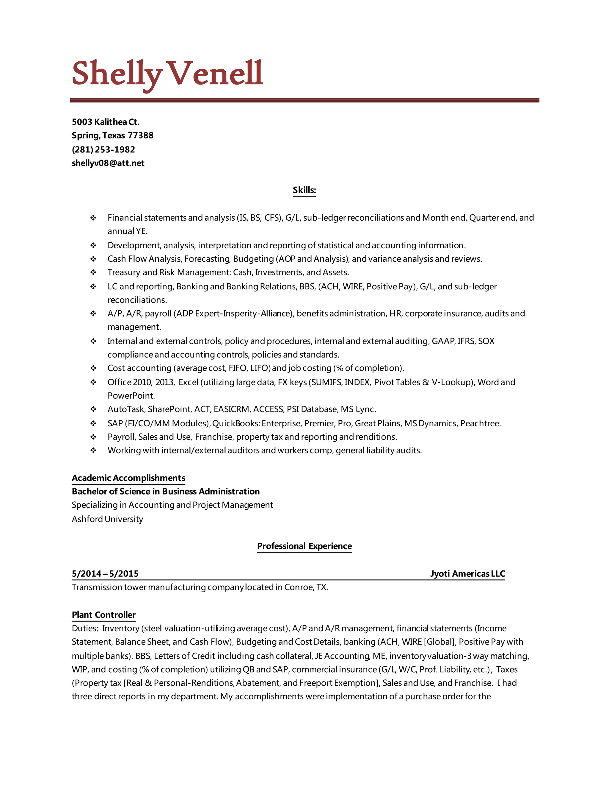 Shelly Venell Professional Resume 2015 | DOCX