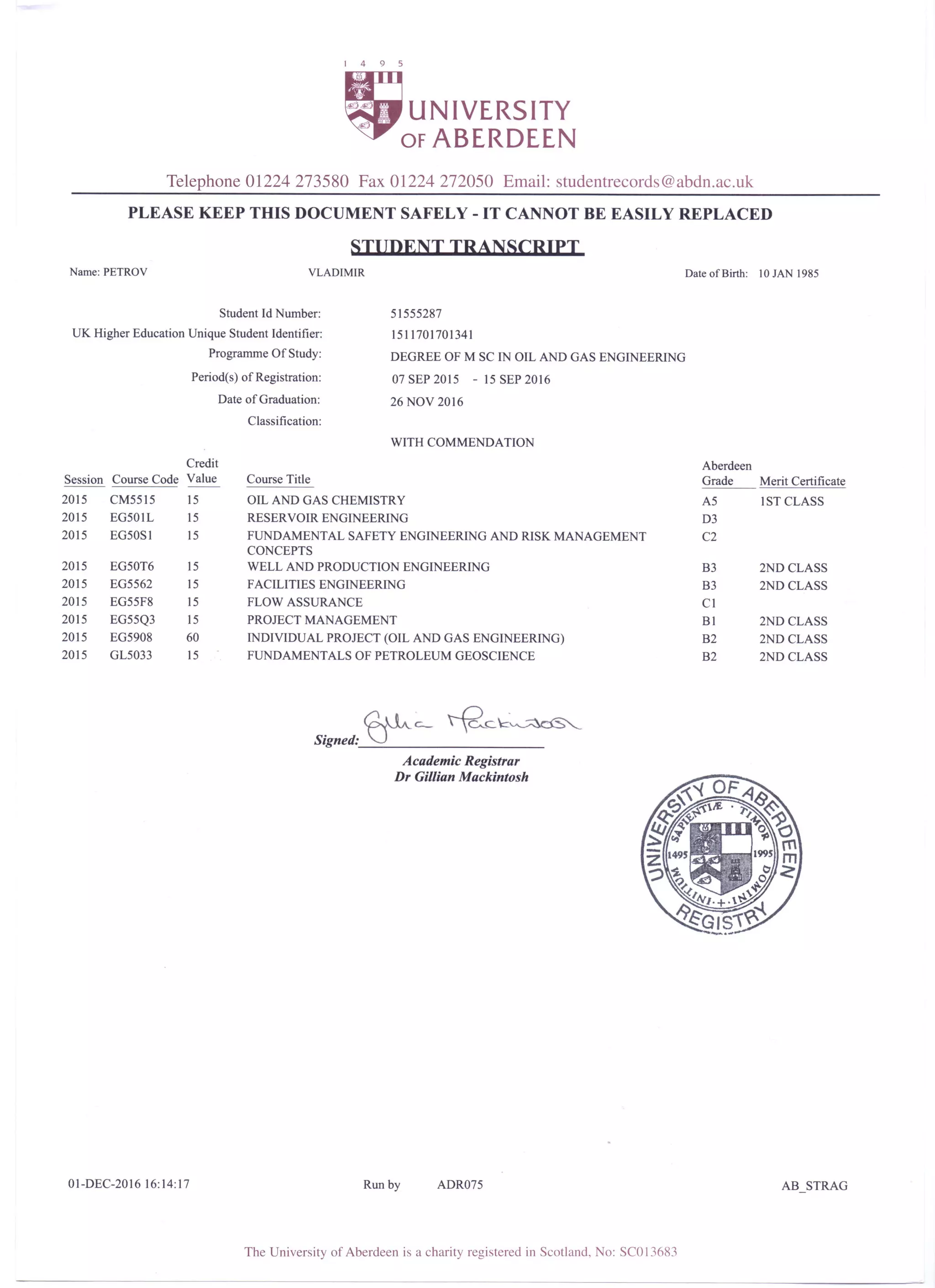 Master of Science Transcript (University of Aberdeen) | PDF