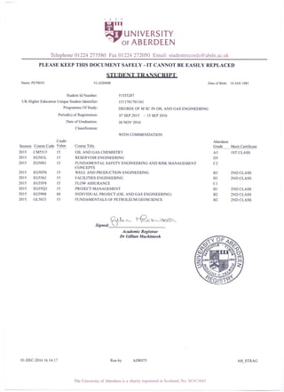 Master of Science Transcript (University of Aberdeen) | PDF