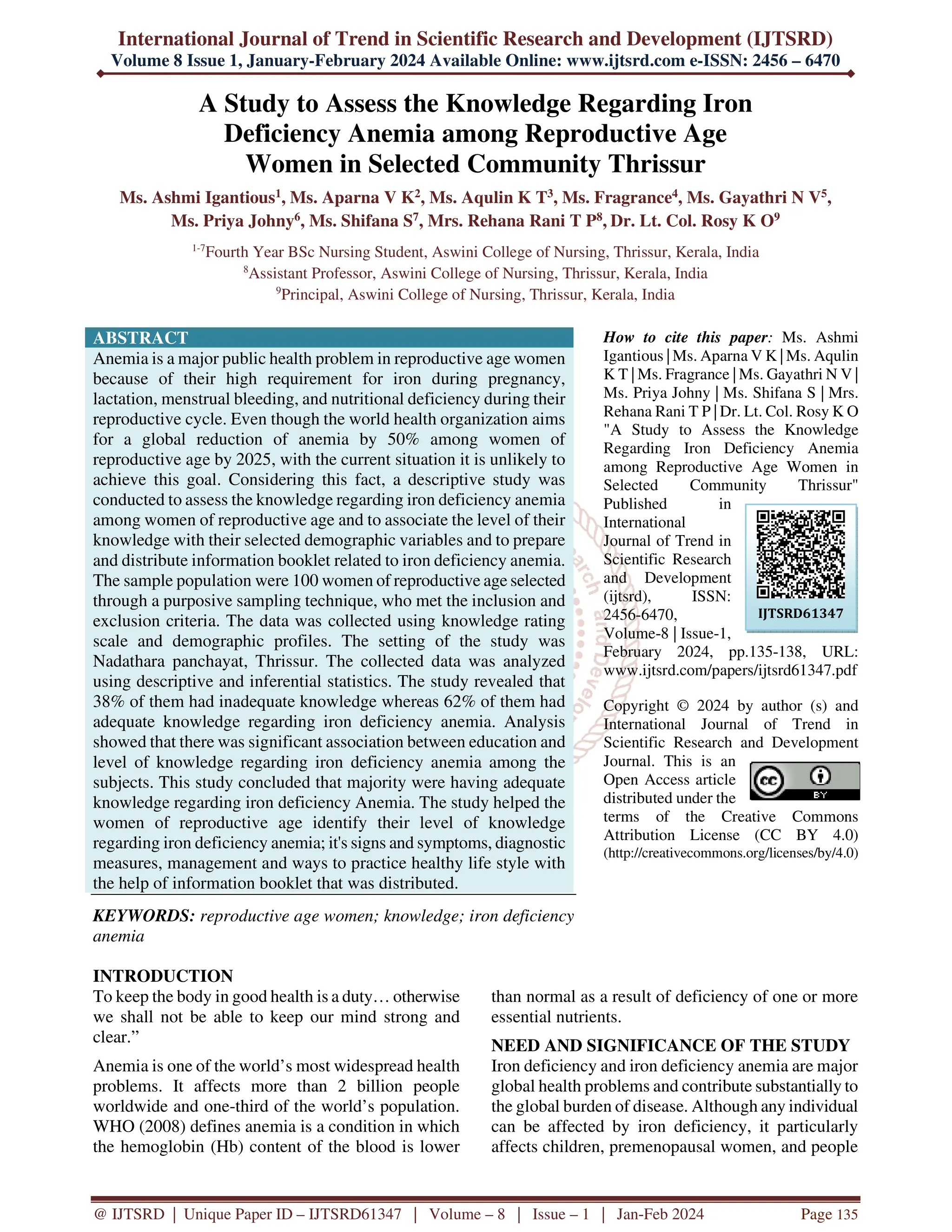A Study to Assess the Knowledge Regarding Iron Deficiency Anemia among Reproductive Age Women in ...