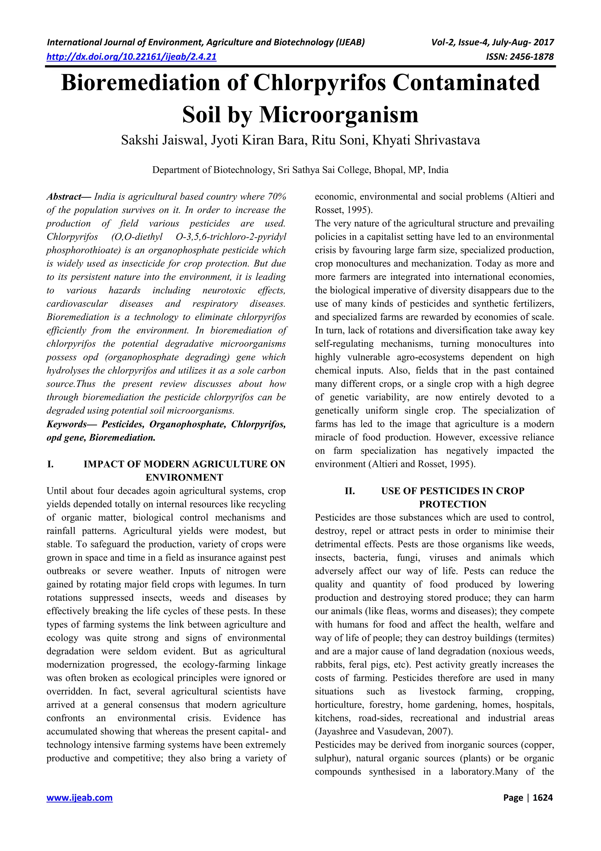 Bioremediation of Chlorpyrifos Contaminated Soil by Microorganism | PDF | Agriculture | Industries