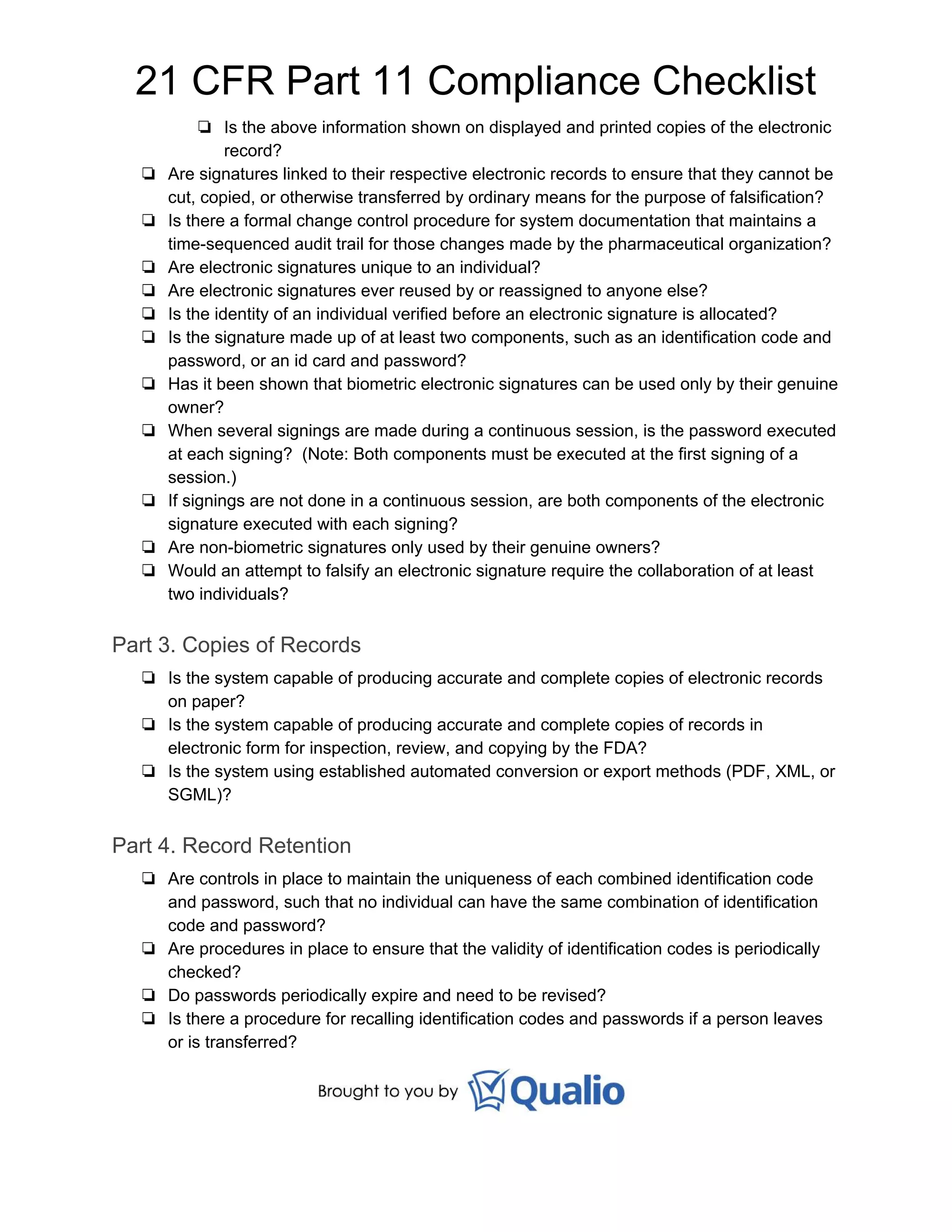 21 cfr part 11 compliance checklist qualio | PDF