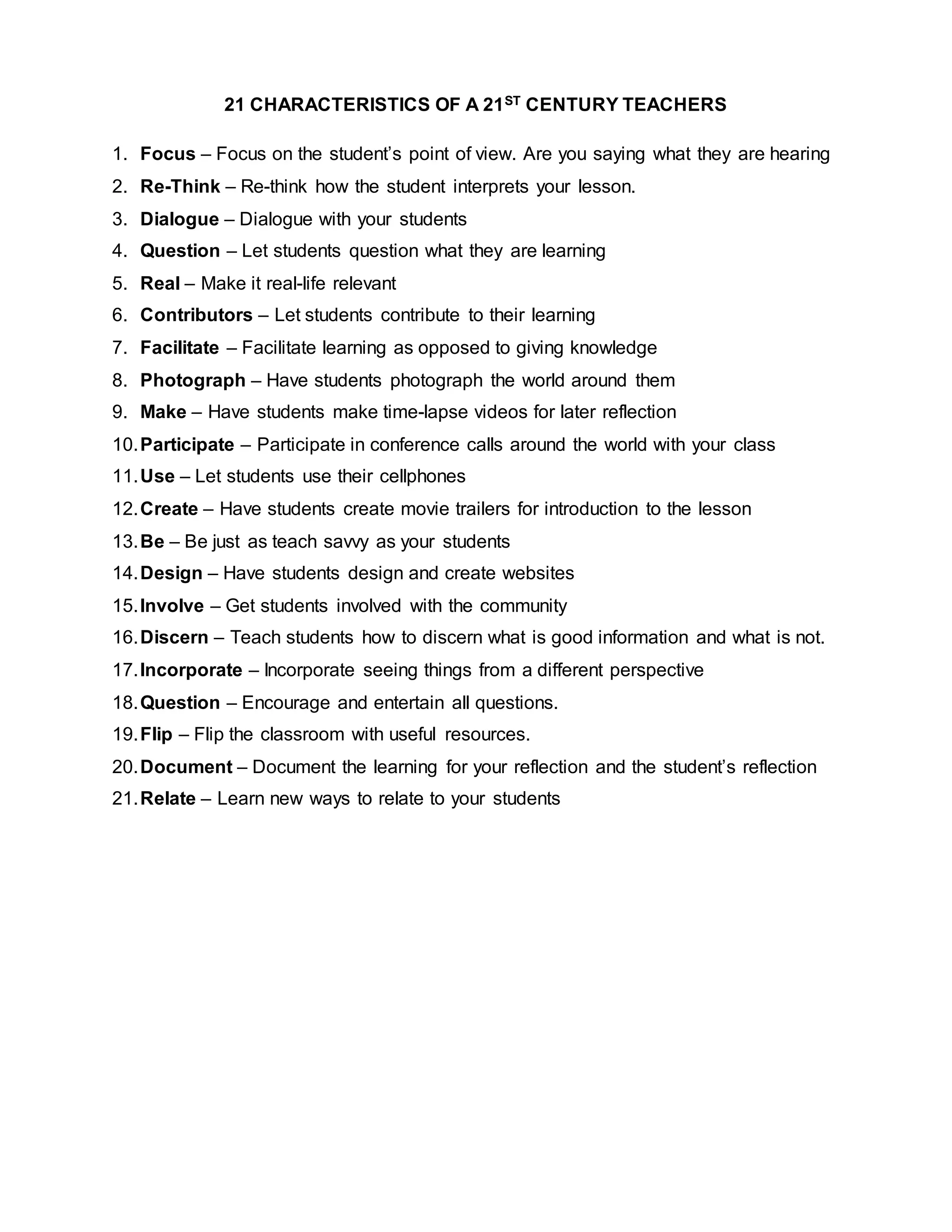 21 characteristics of a 21 st century teachers | DOCX 21 characteristics of a 21 st century teachers | DOCX