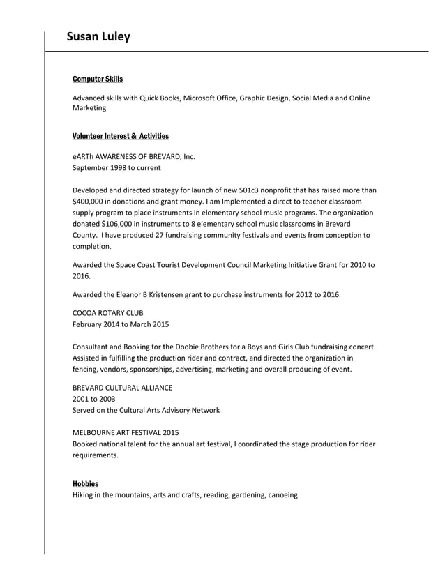 Susan Luley Resume | DOC | Non-Profit Organizations | Industries