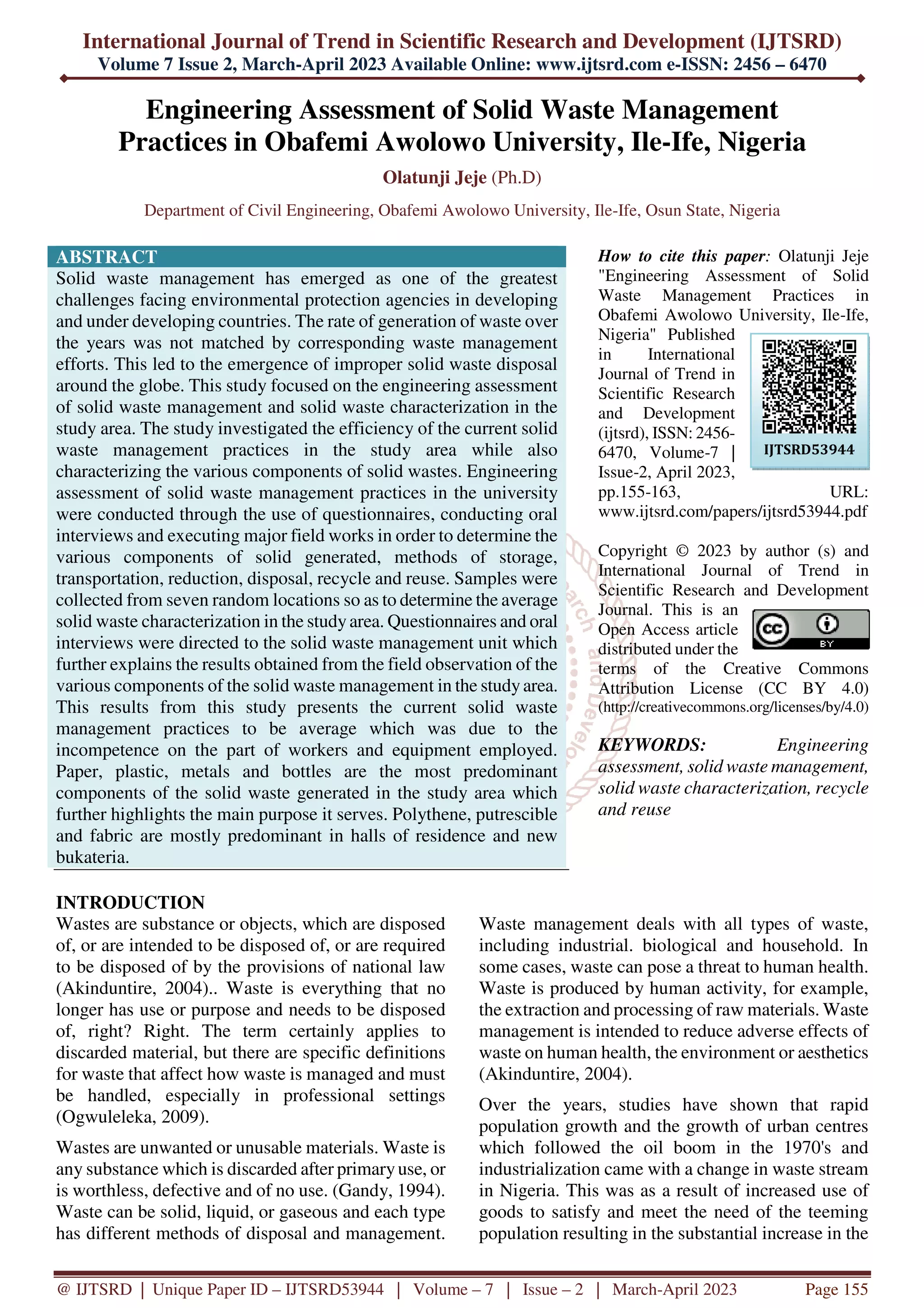 Engineering Assessment of Solid Waste Management Practices in Obafemi ...