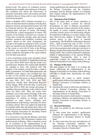 Evaluation of the Implementation of National Curriculum for Secondary School Biology and ...