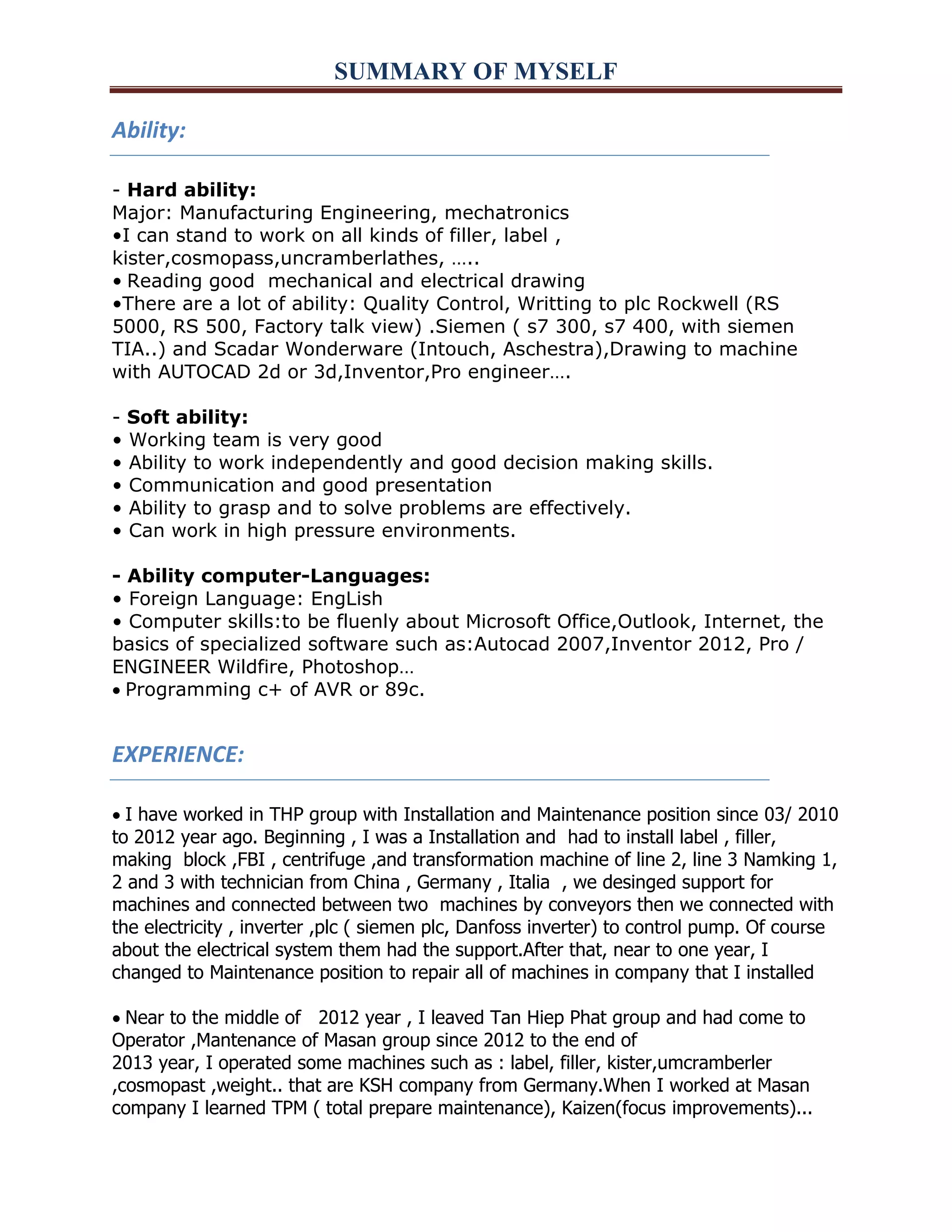 SUMMARY OF MYSELF | PDF | Secondary Education | Education