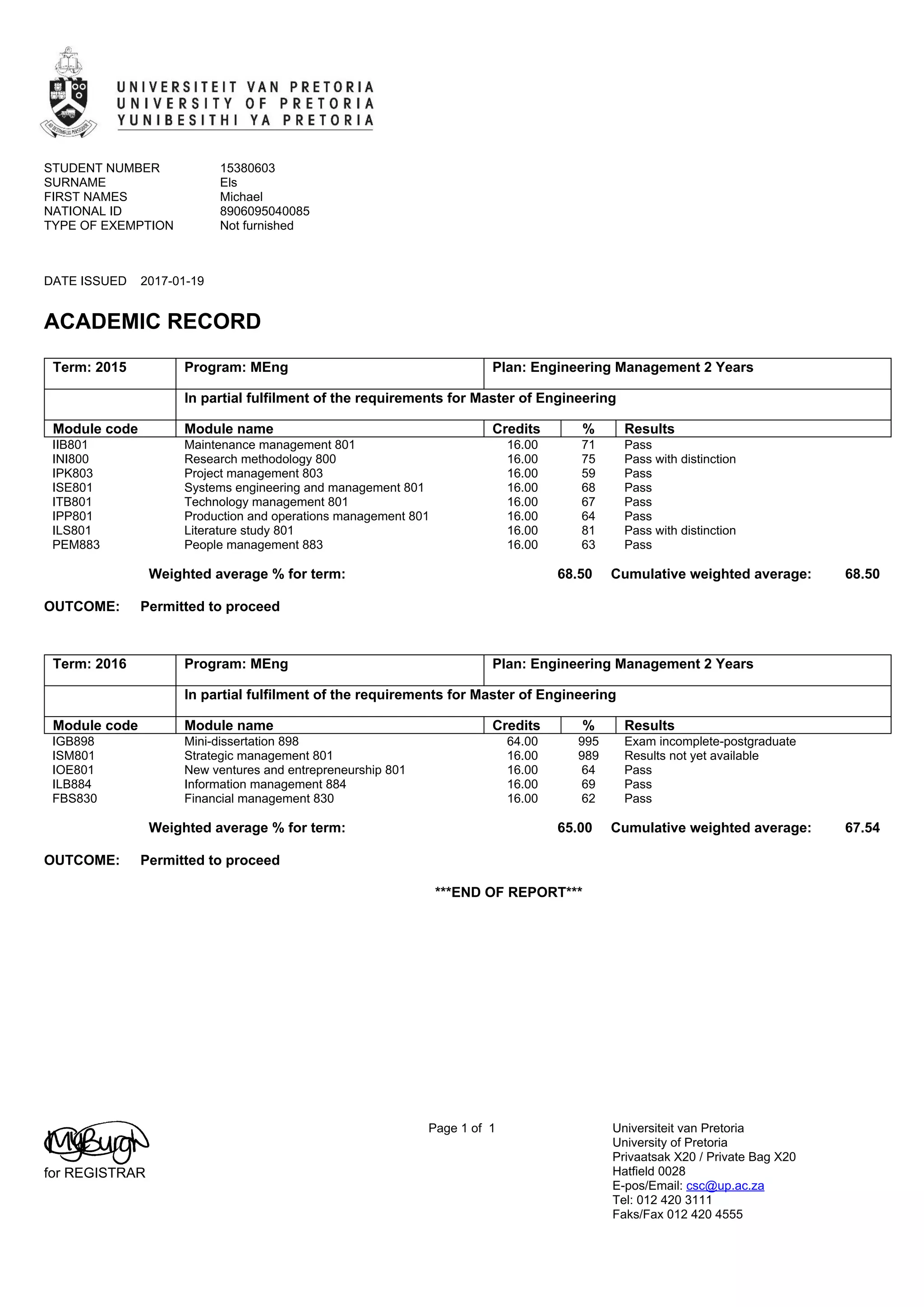 Academic Record - M Eng (Engineering Management) 2017 MA Els | PDF