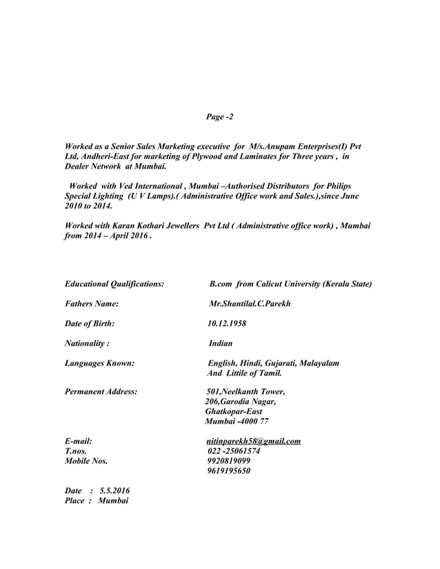 Nitin Parekh - Curriculam vita -e | DOC
