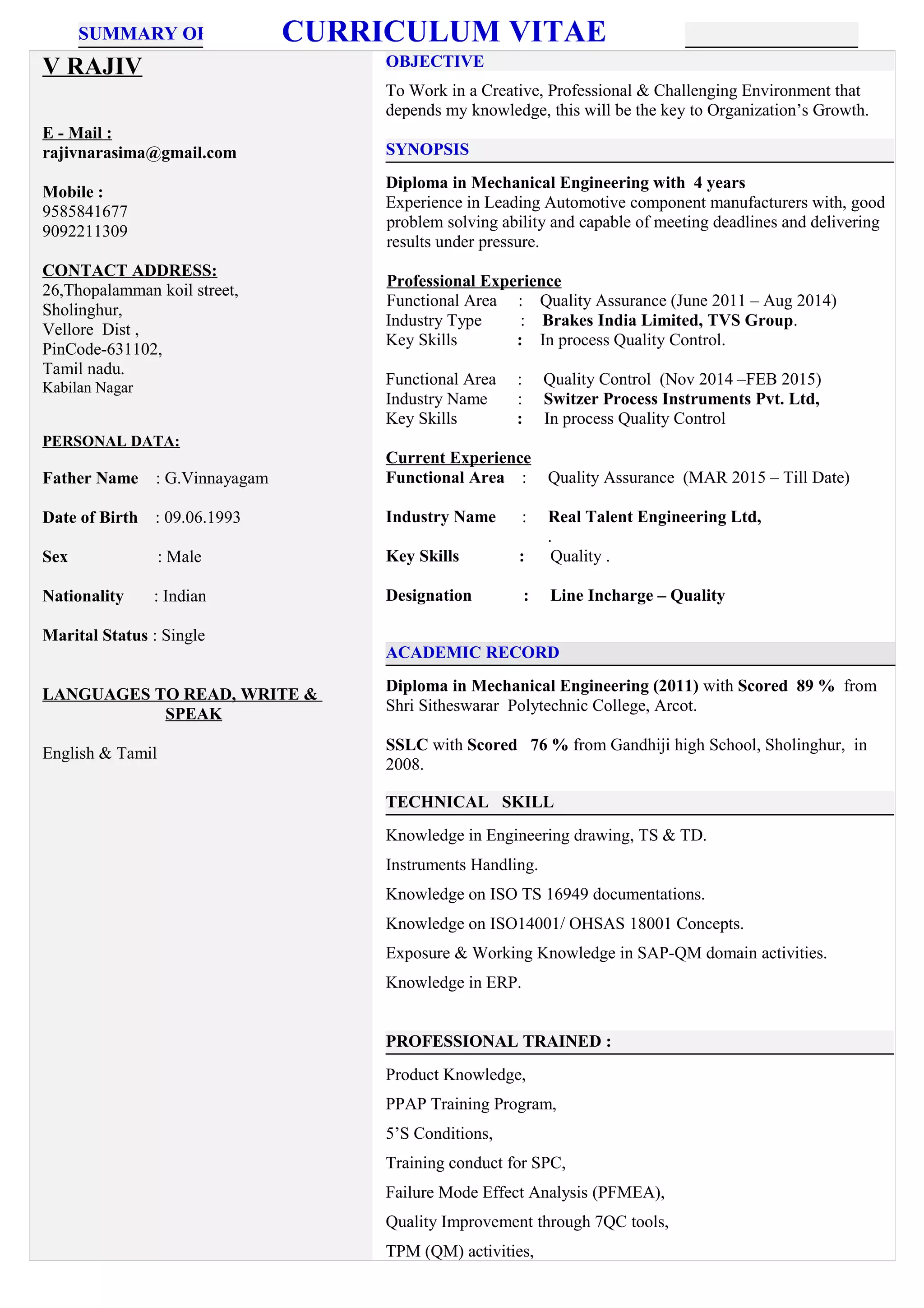 Resume Rajiv-RT | DOC