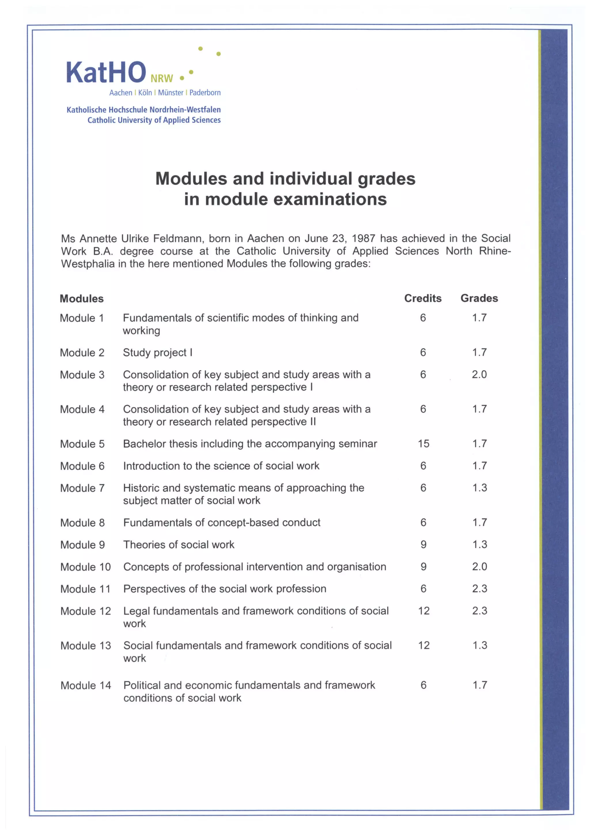 Bachelor Degree_Modules and individual grades in module examinations | PDF