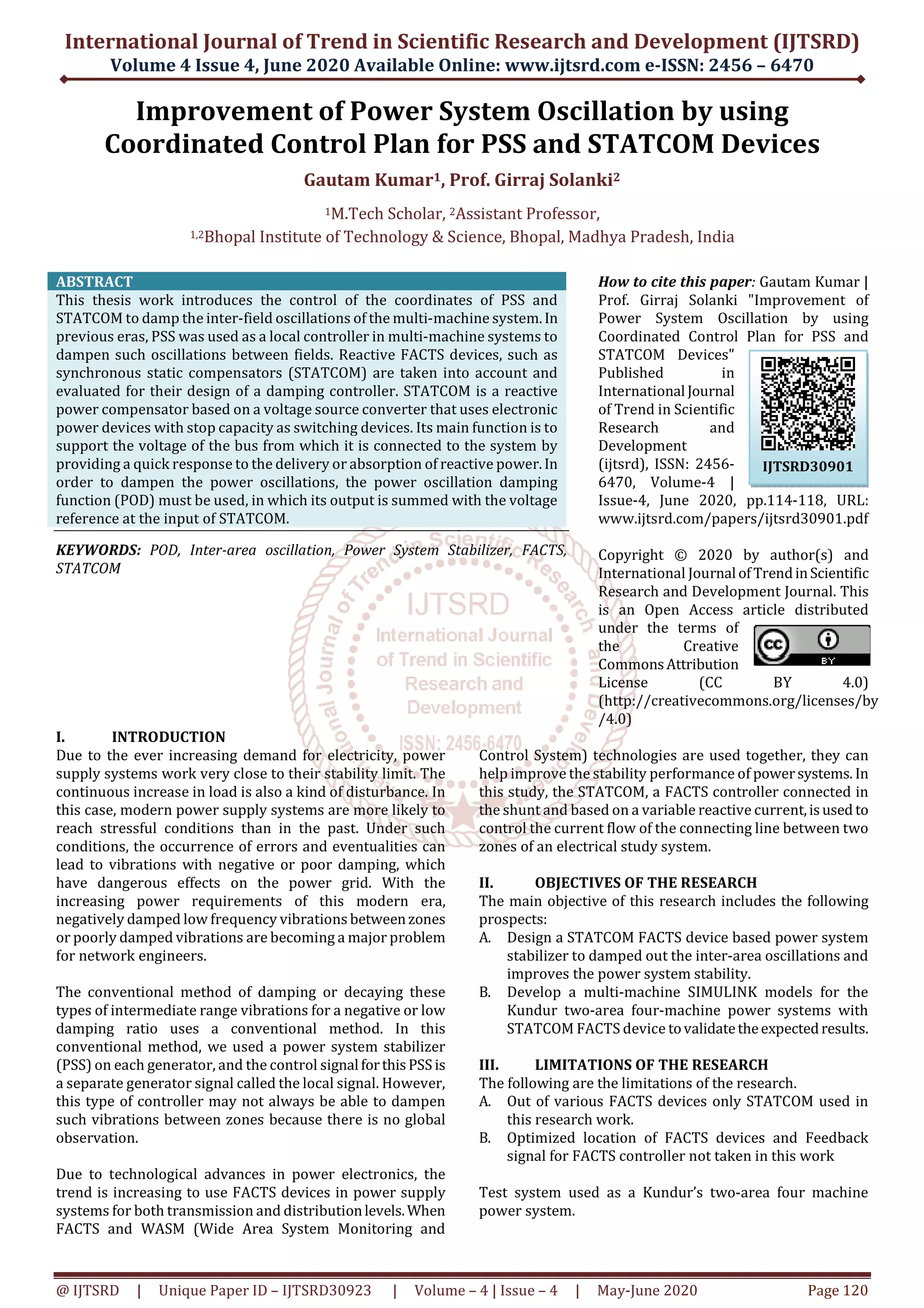 Improvement Of Power System Oscillation By Using Coordinated Control Plan For Pss And Statcom 