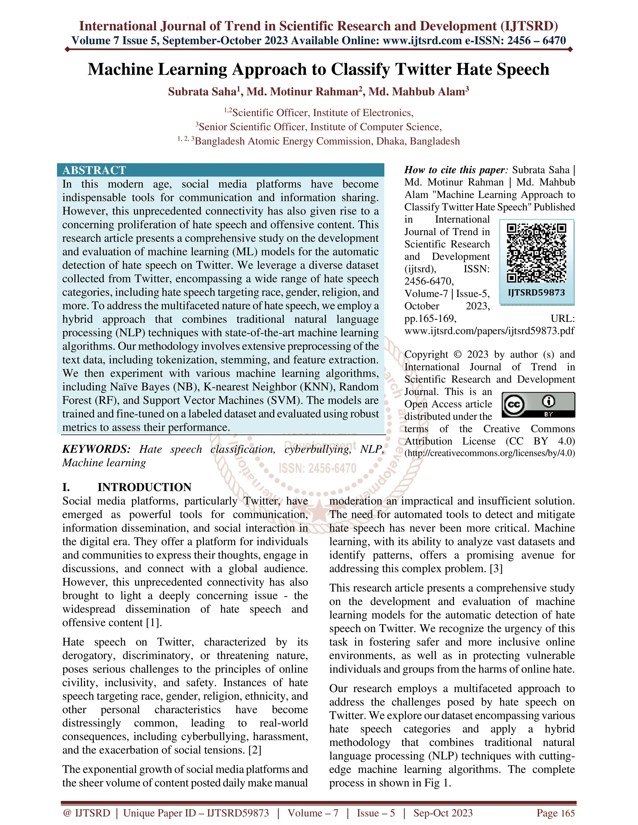 Machine Learning Approach to Classify Twitter Hate Speech | PDF