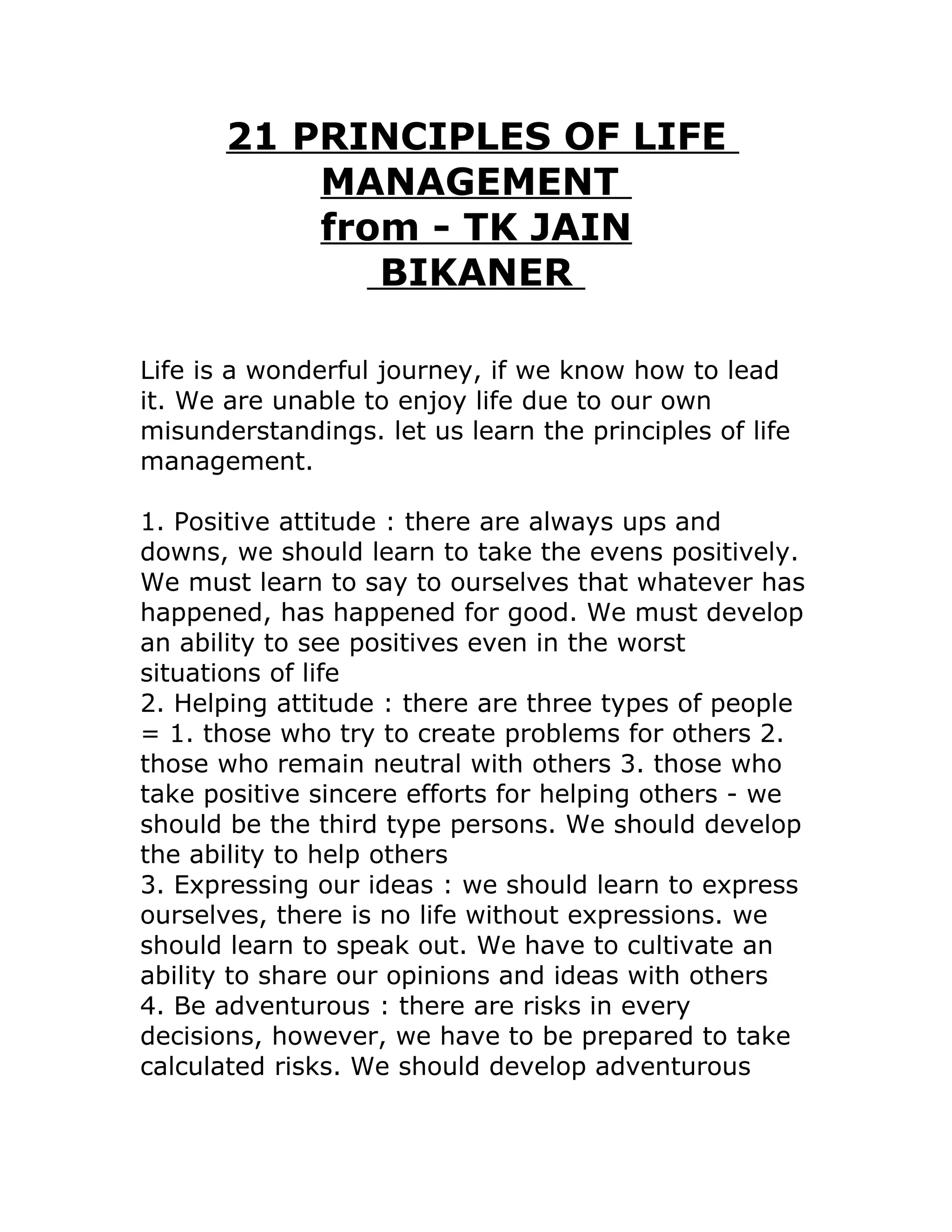 21 principles of life management from tk jain bikaner | PDF