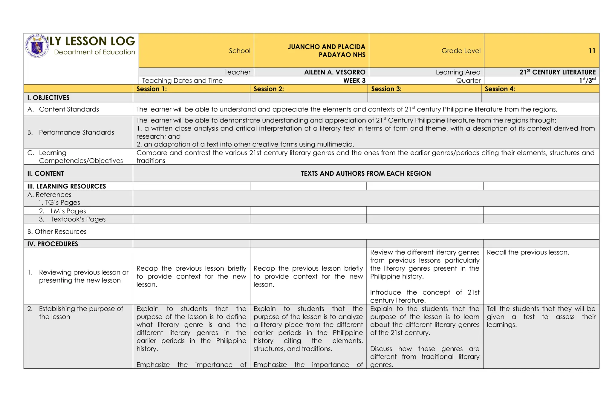 21st century Daily Lesson Log 1st sem Week 1 | DOCX