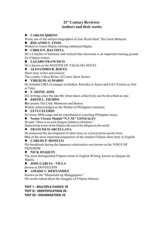 canonical authors and works of Philippine National Artists in ...