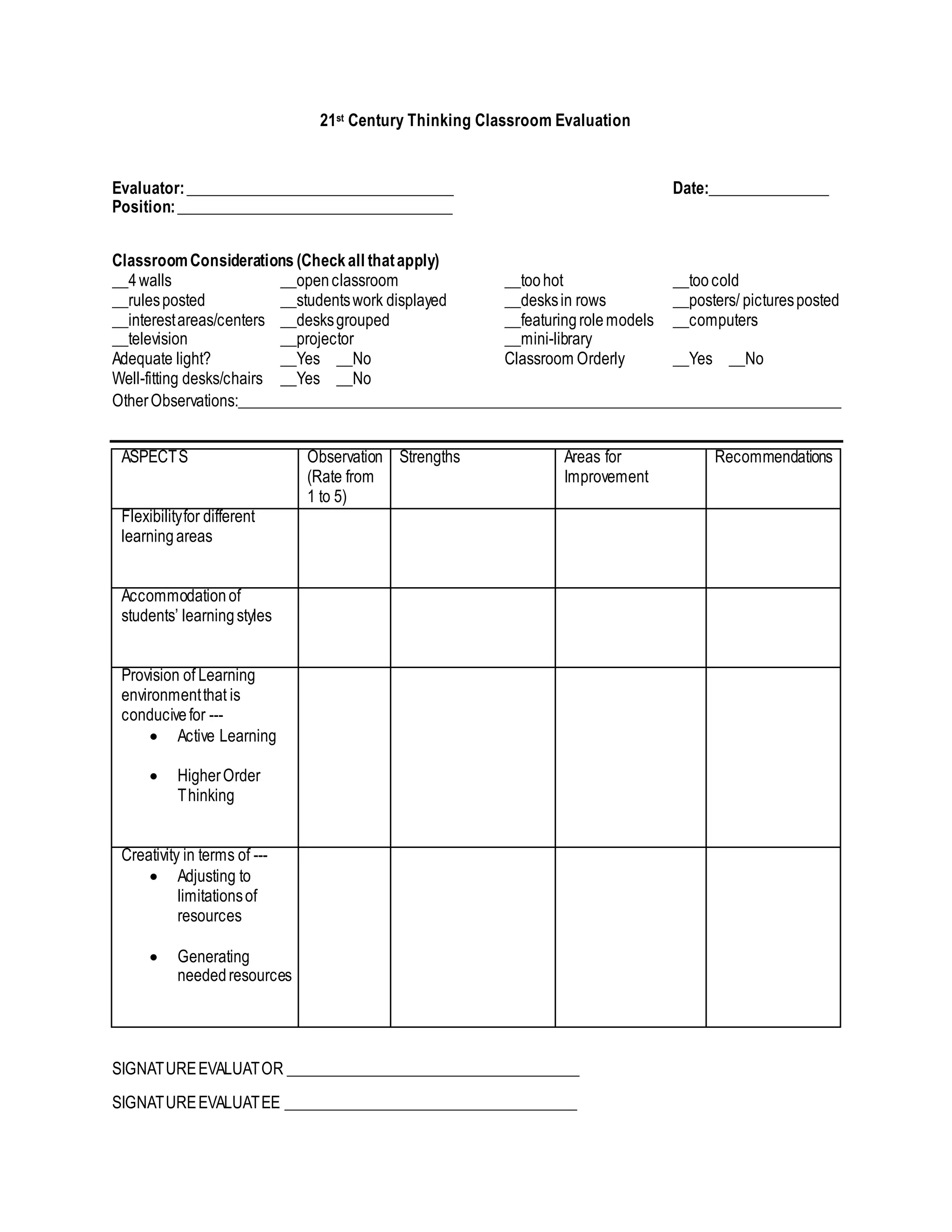 21st century thinking classroom evaluation | DOCX