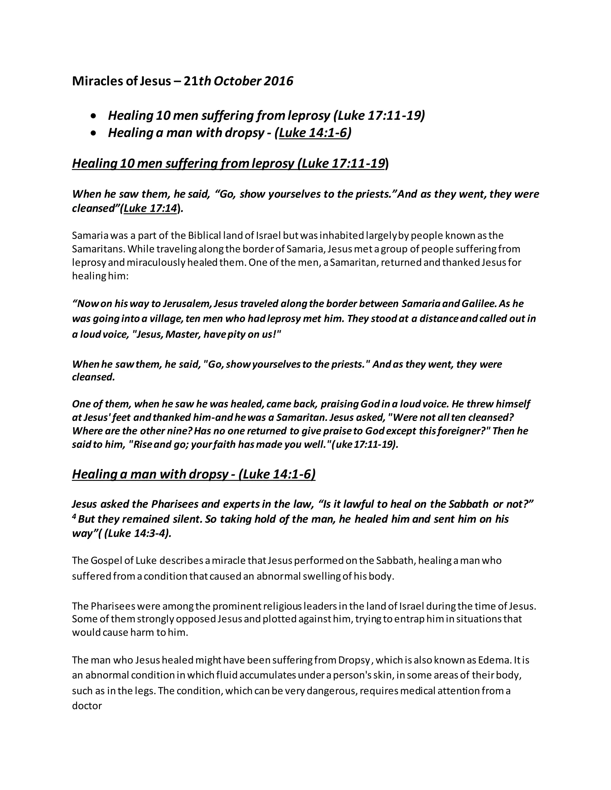 21st October 2016 - Miracles of Jesus Healing 10 men suffering from leprosy • Healing a man with ...