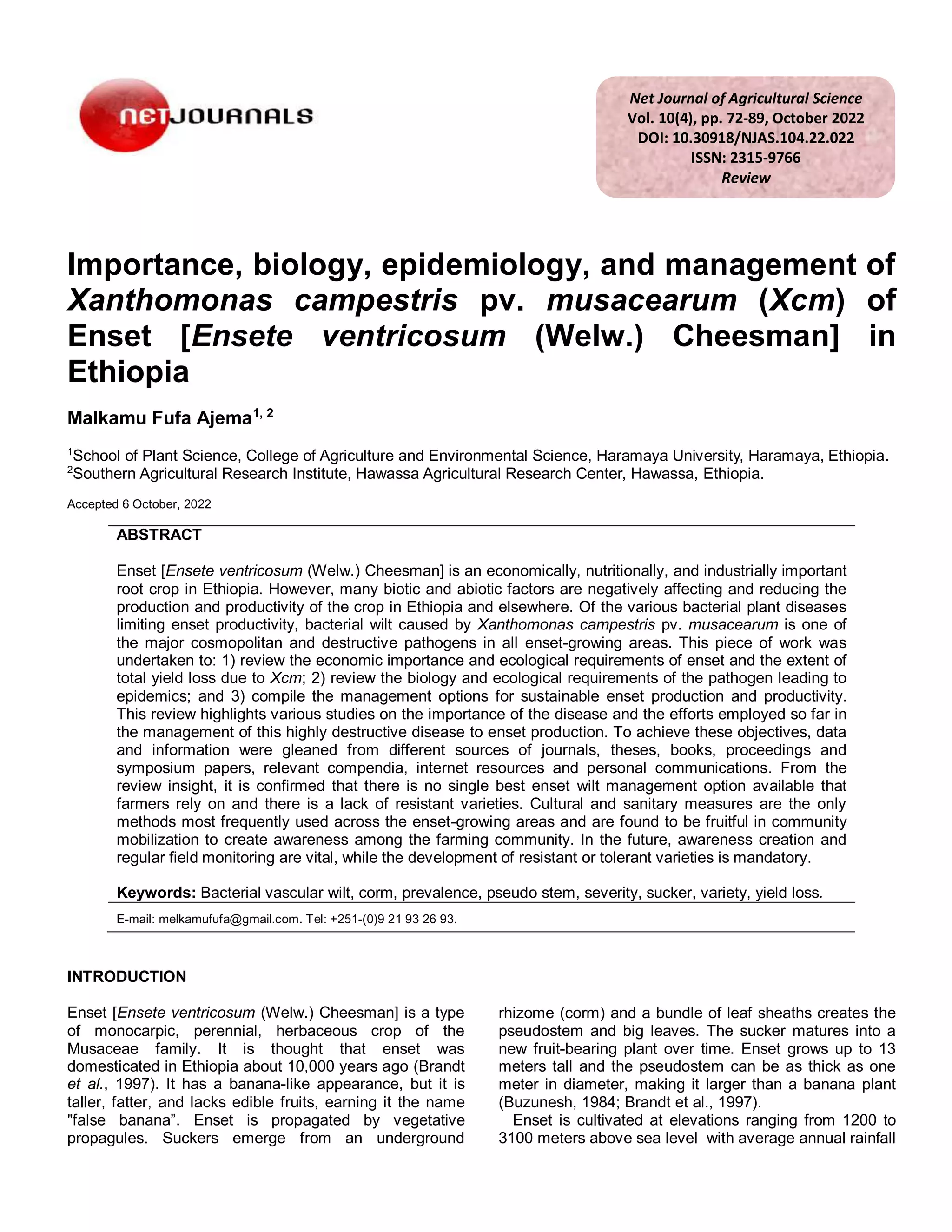 Importance, biology, epidemiology, and management of Xanthomonas ...