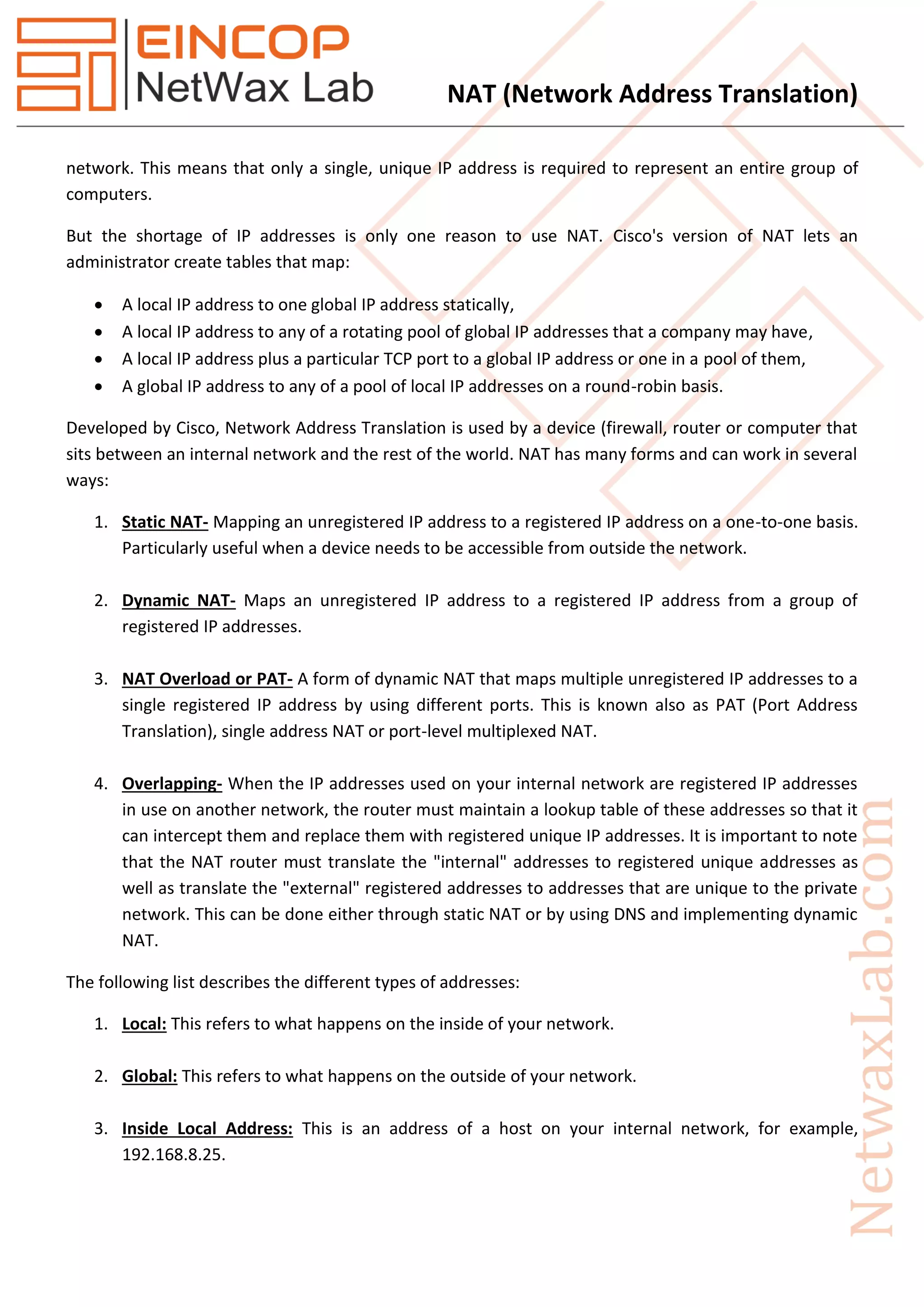 NAT (network address translation) & PAT (port address translation) | PDF