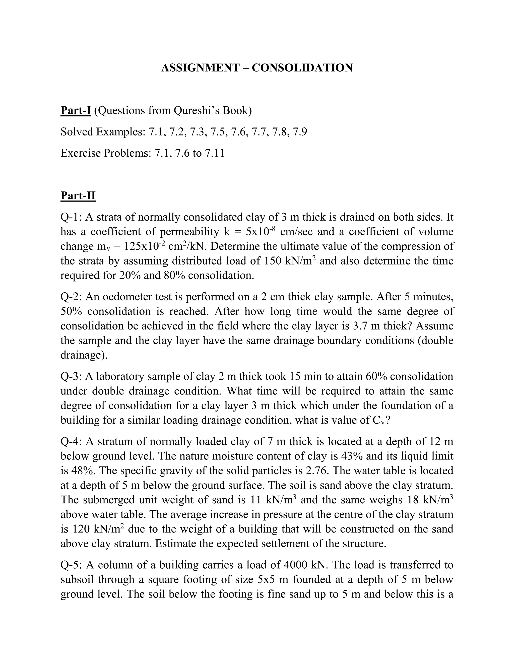 Geotechnical Engineering-I [Lec #22A: Consolidation Problem Sheet] | PDF