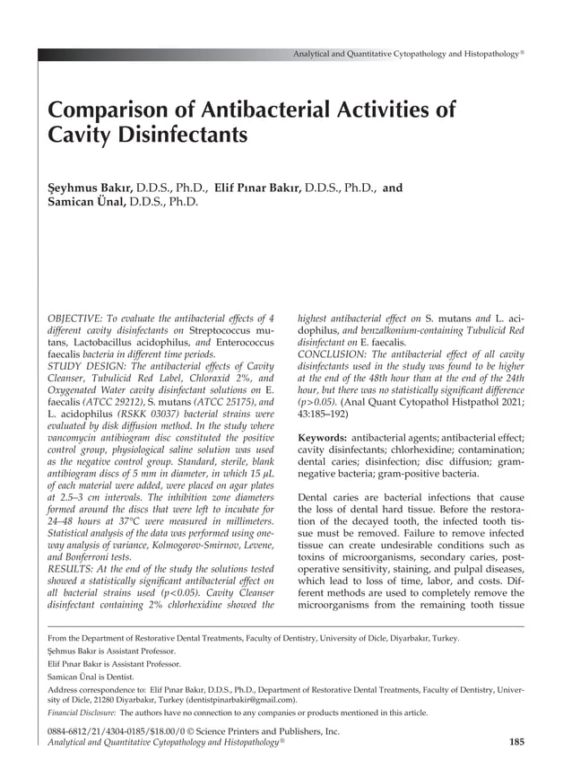 Comparison of Antibacterial Activities of Cavity Disinfectants | PDF