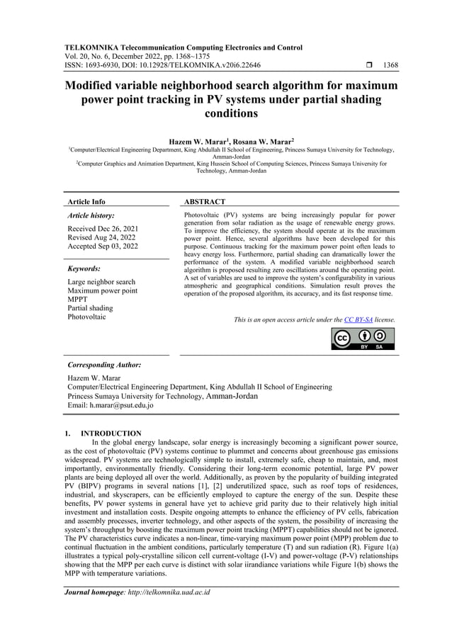 Modified Variable Neighborhood Search Algorithm For Maximum Power Point Tracking In Pv Systems