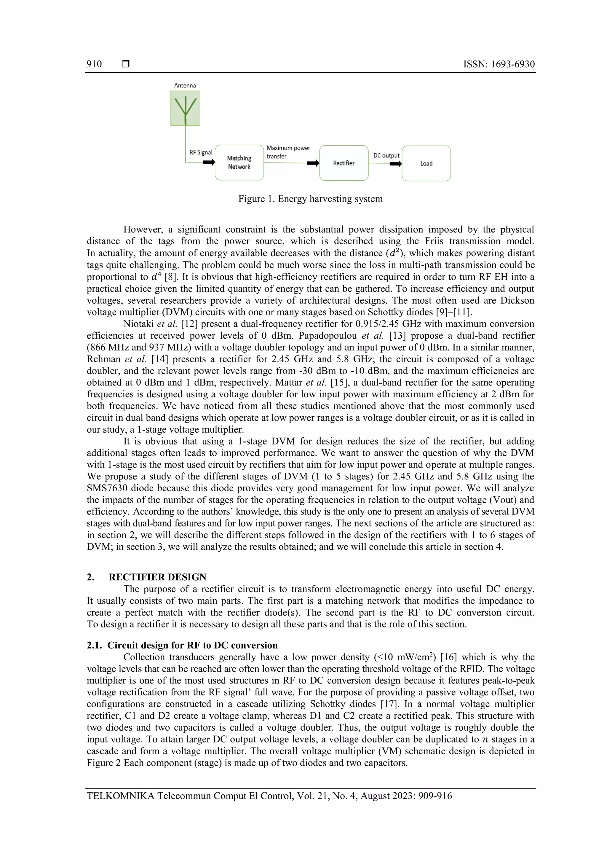 Dickson voltage multiplier with 1 to 6 stages for dual-band rectifiers ...