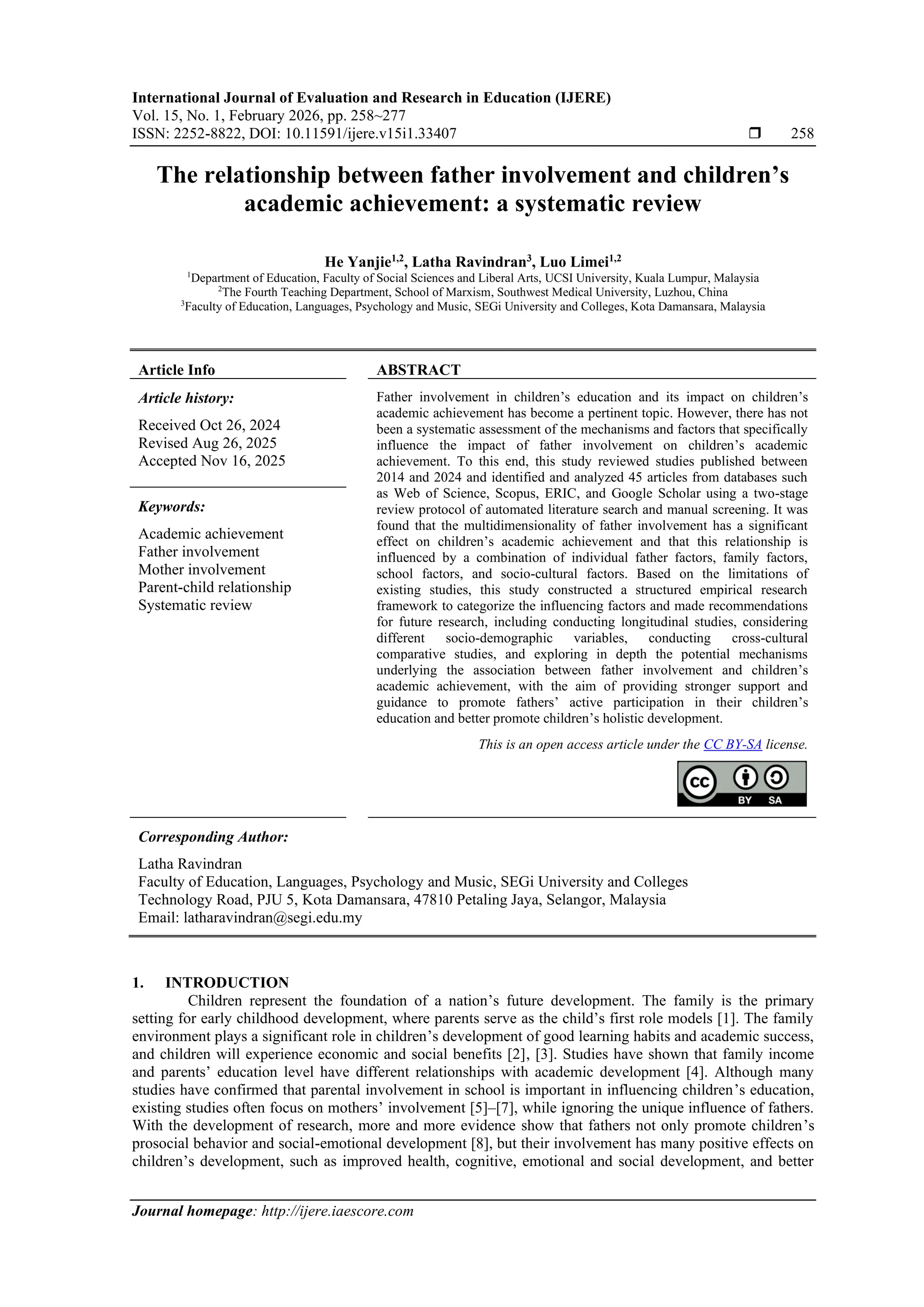 The relationship between father involvement and children’s academic ...