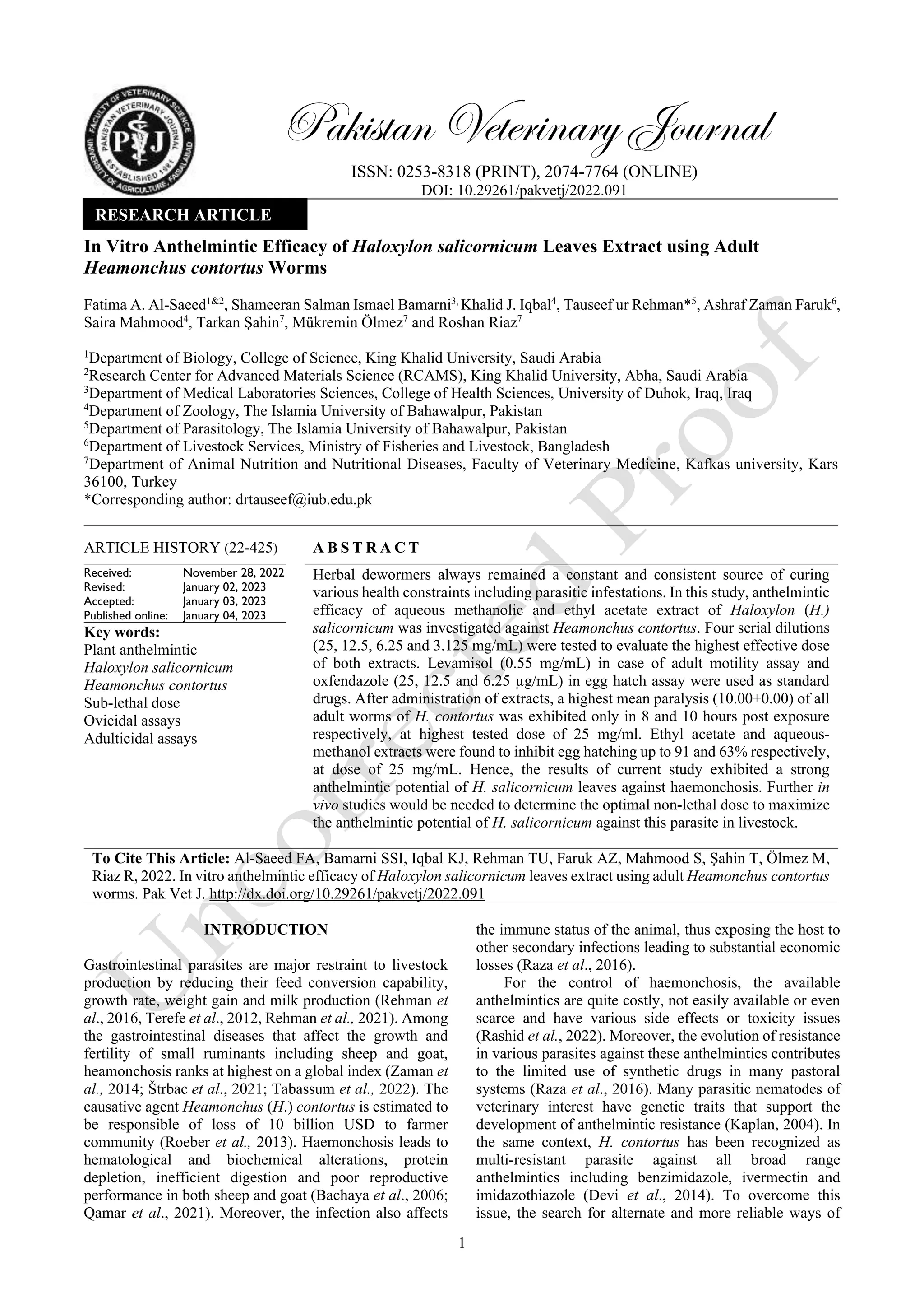 RESEARCH ARTICLE In Vitro Anthelmintic Efficacy of Haloxylon ...