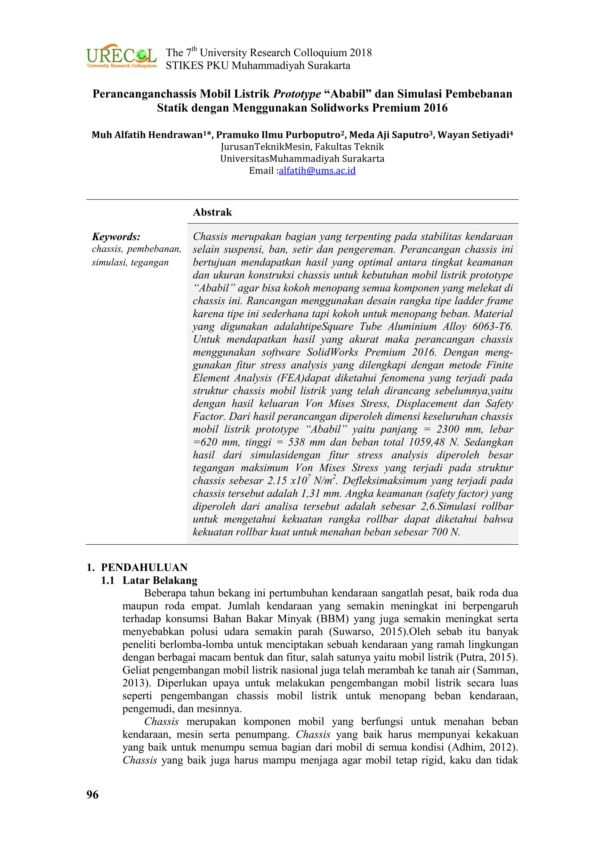 Perancangan Chassis Mobil Listrik Prototype “Ababil” dan Simulasi ...