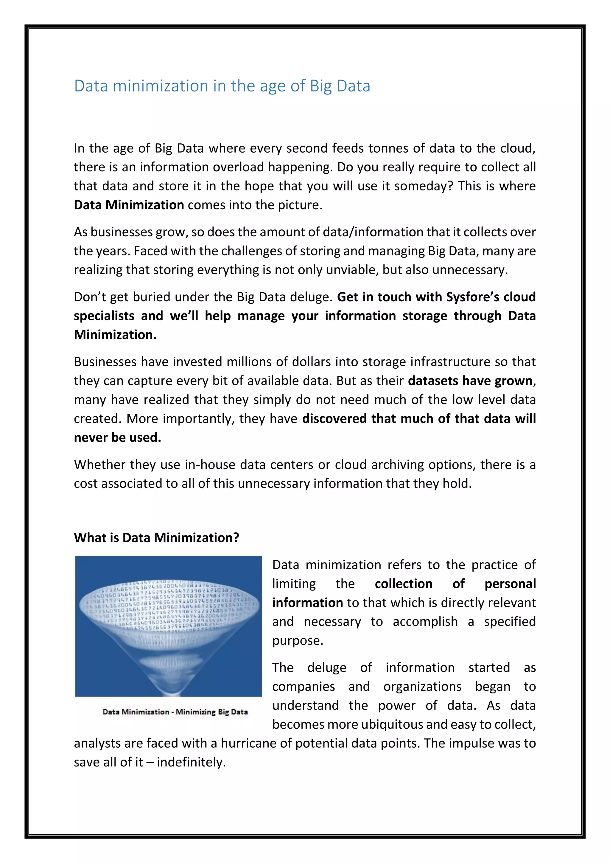 Data Minimization In The Age Of Big Data Sysfore Pdf