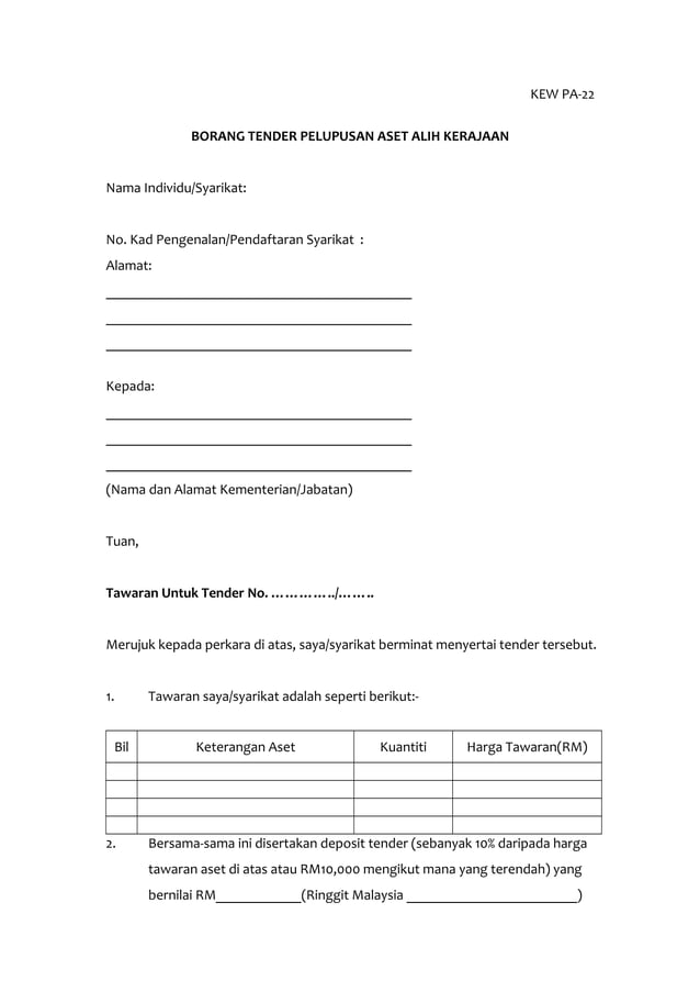 22.kew.pa 22 (borang tender pelupusan aset alih) | DOC