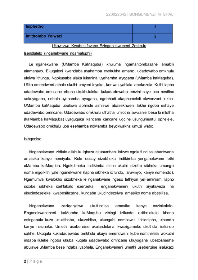 UKUHLAZIYA INDIKIMBA YENGANEKWANE NGETHIYORI YEFEMINISM | DOCX