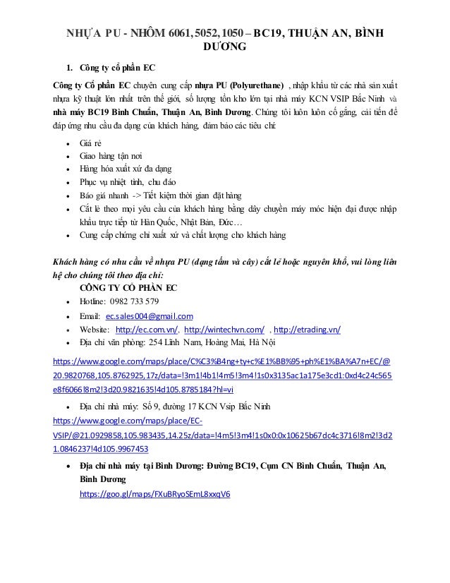 NHỰA PU - NHÔM 6061, 5052, 1050 – BC19, THUẬN AN, BÌNH DƯƠNG | PDF