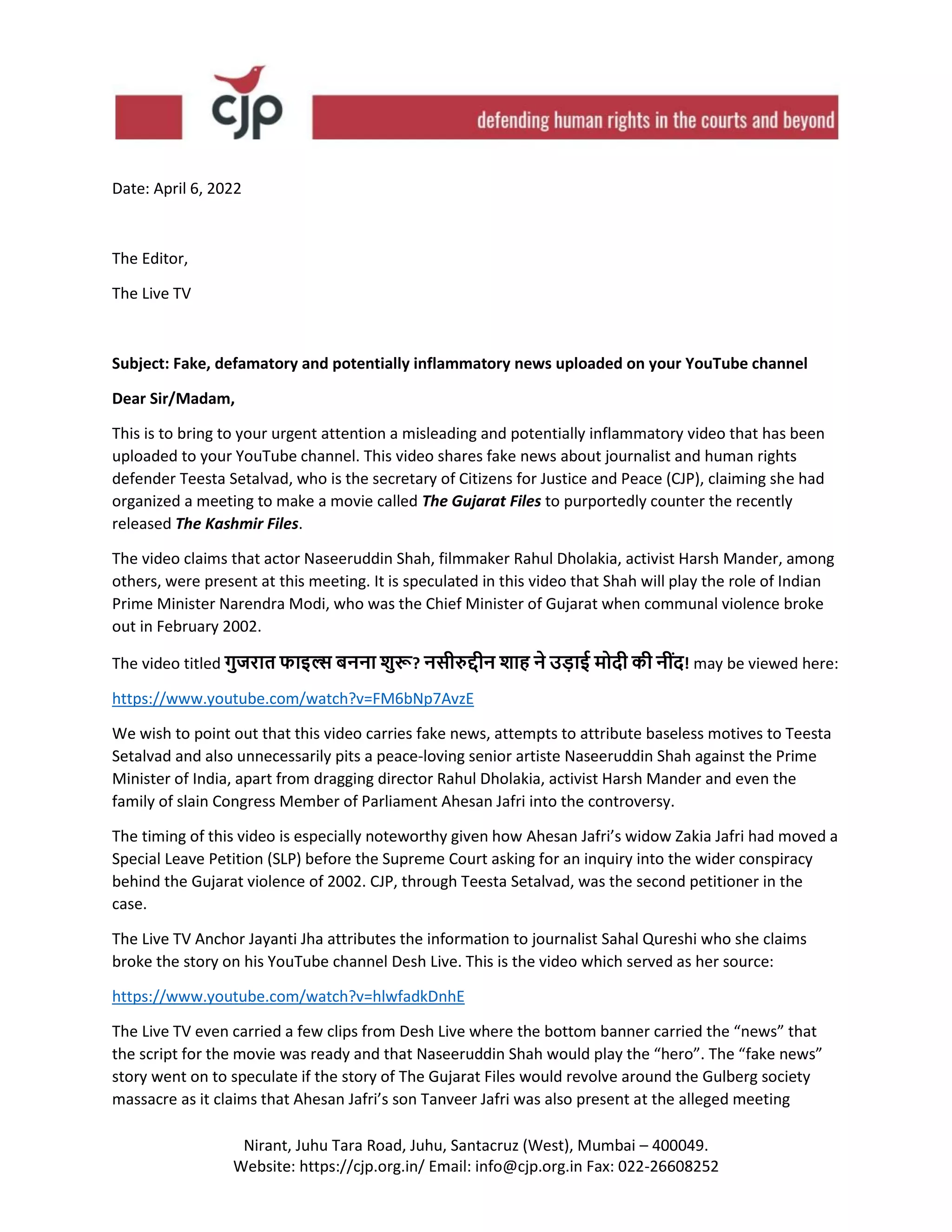 220406 CJP Complaint to The Live Tv - Gujarat Files.pdf