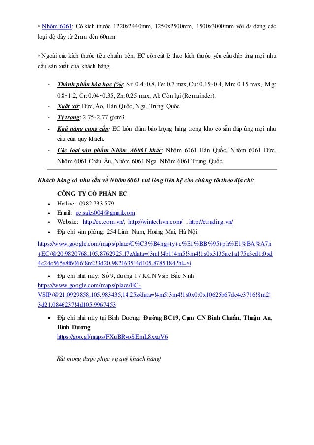 ĐẶC TÍNH VÀ THÔNG SỐ KỸ THUẬT NHÔM 6061 - ĐƯỜNG BC19, THUẬN AN, BÌNH ...