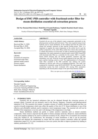 Design of IMC-PID controller with fractional-order filter for steam distillation essential oil ...