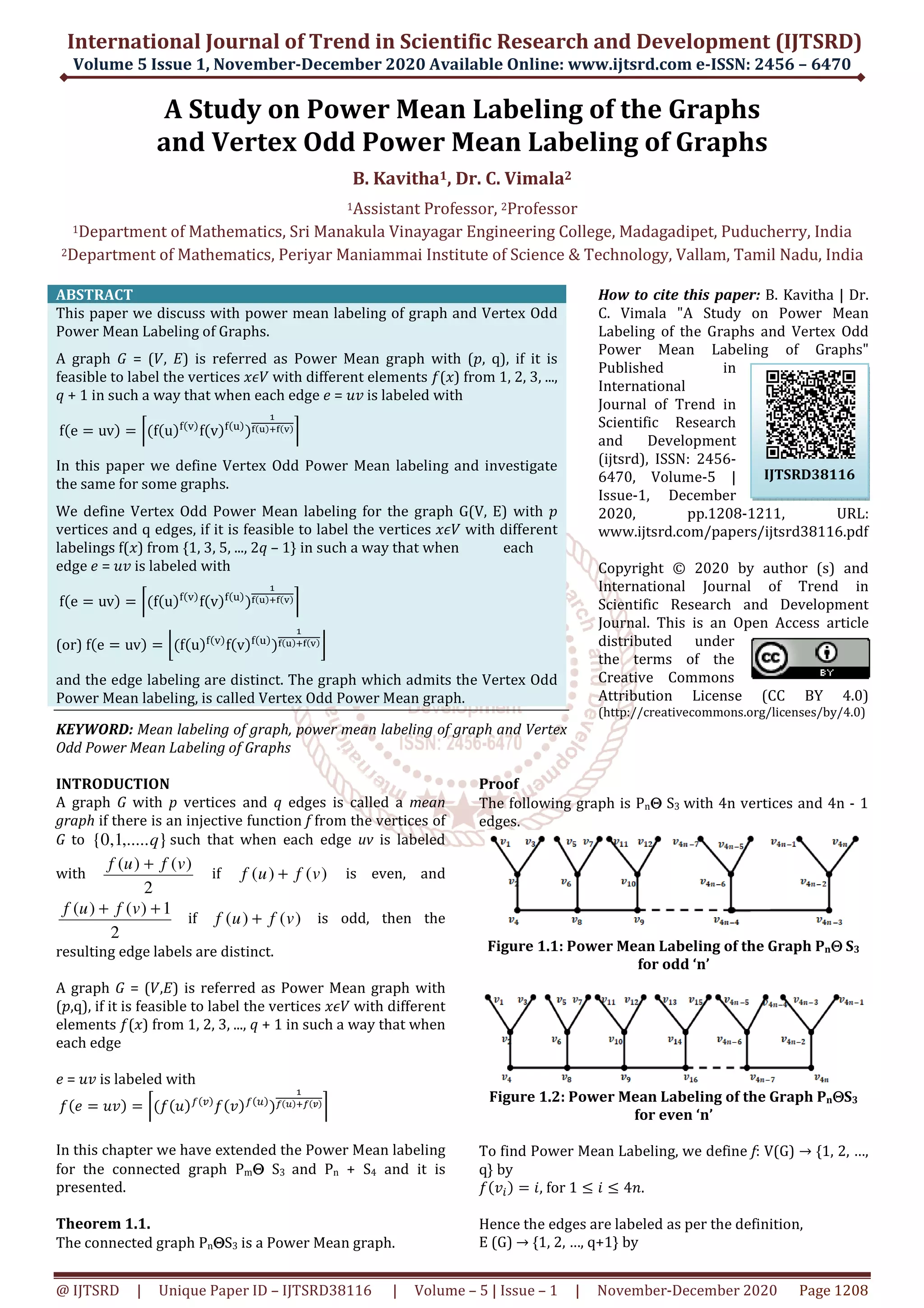 A Study on Power Mean Labeling of the Graphs and Vertex Odd Power Mean Labeling of Graphs | PDF ...