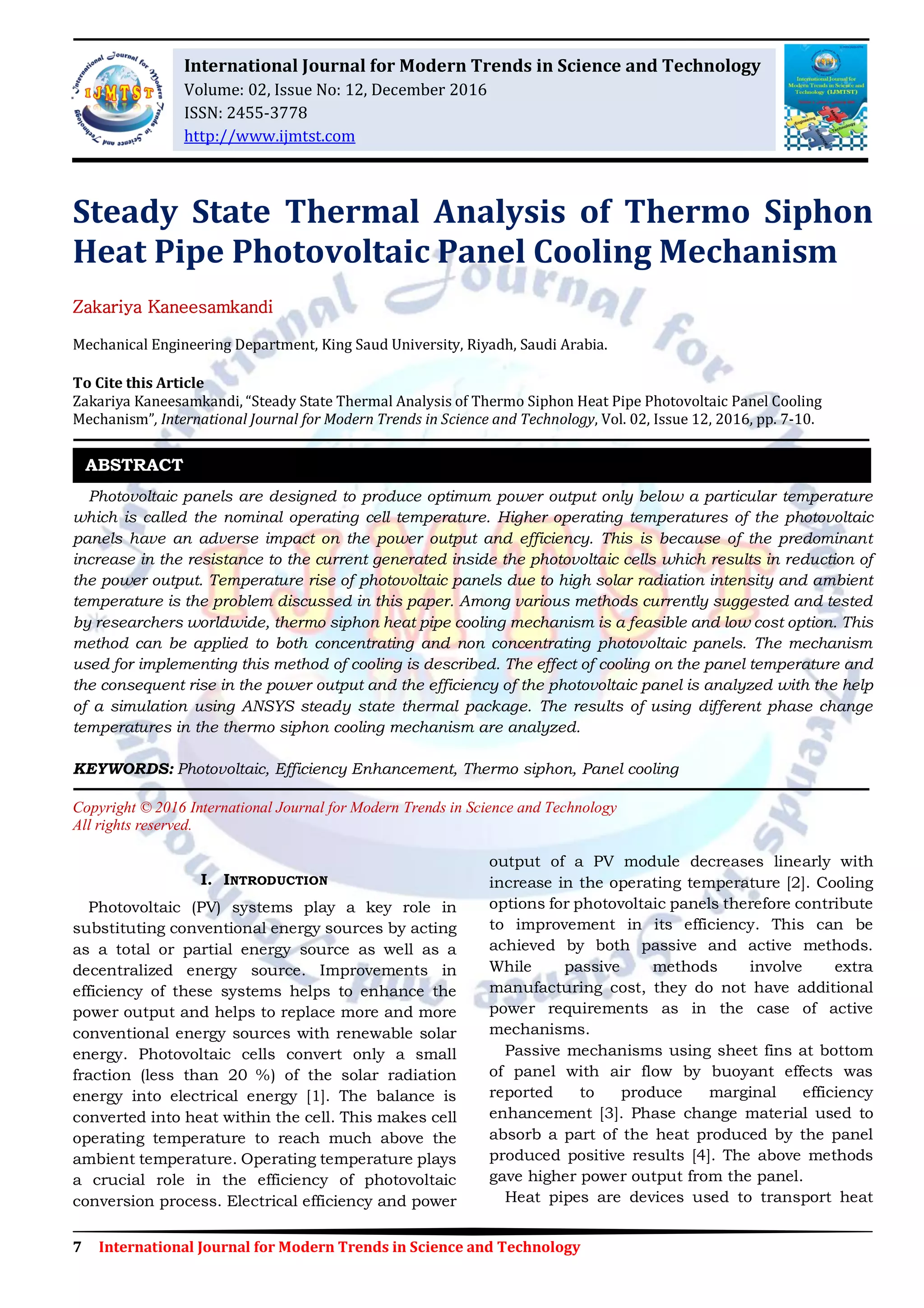 Steady State Thermal Analysis of Thermo Siphon Heat Pipe Photovoltaic Panel Cooling Mechanism | PDF