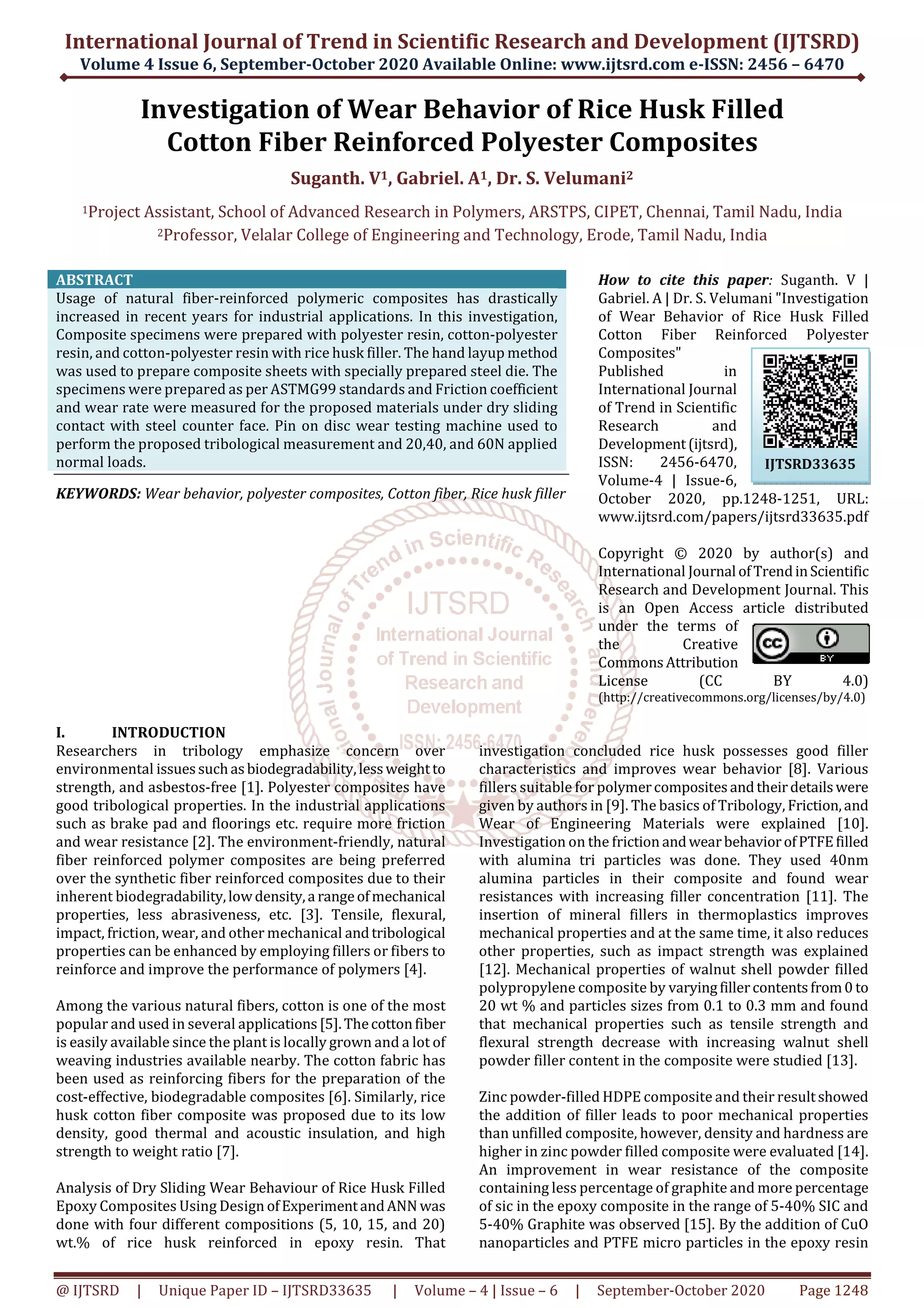 Investigation of Wear Behavior of Rice Husk Filled Cotton Fiber ...