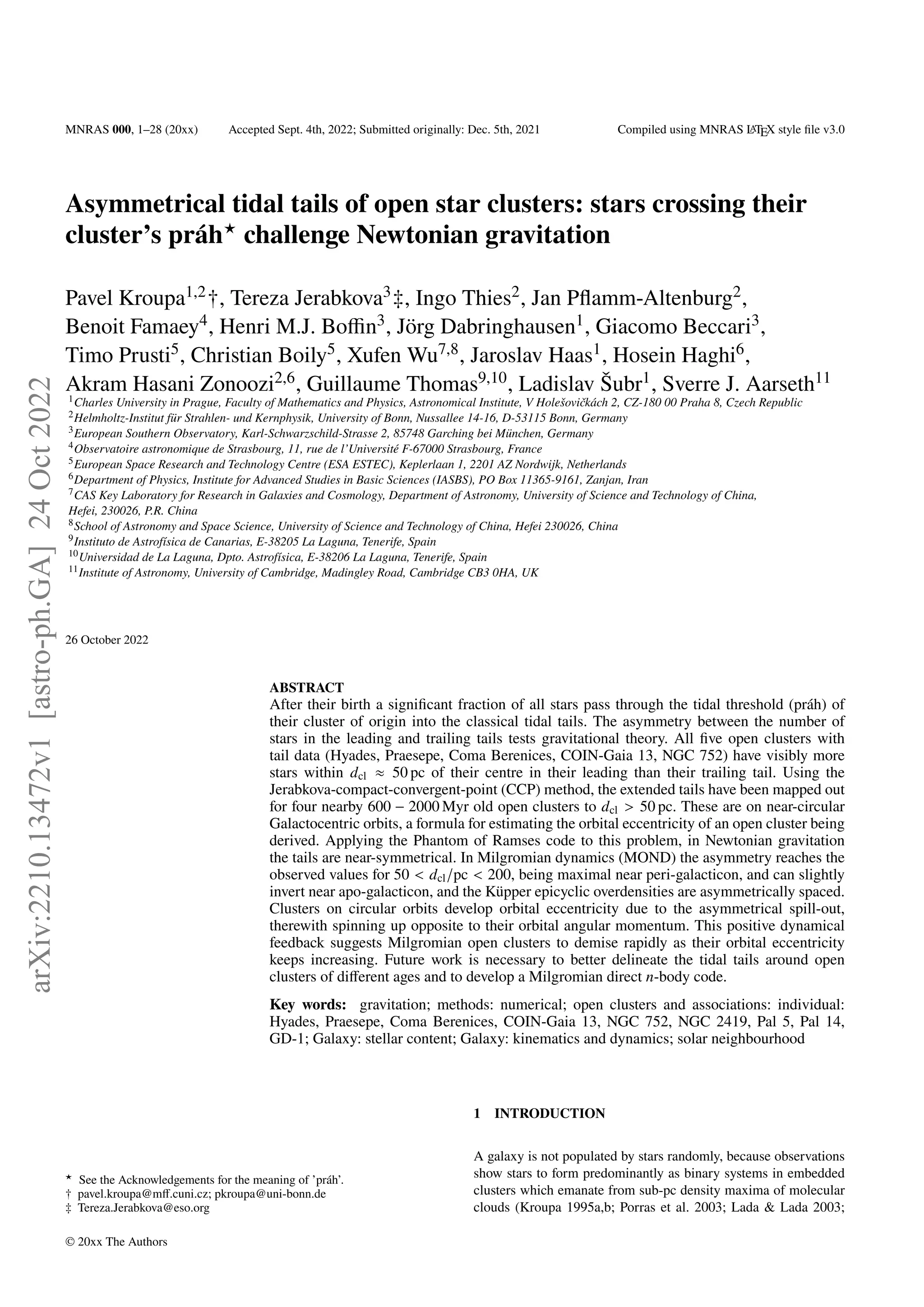 Asymmetrical tidal tails of open star clusters: stars crossing their ...