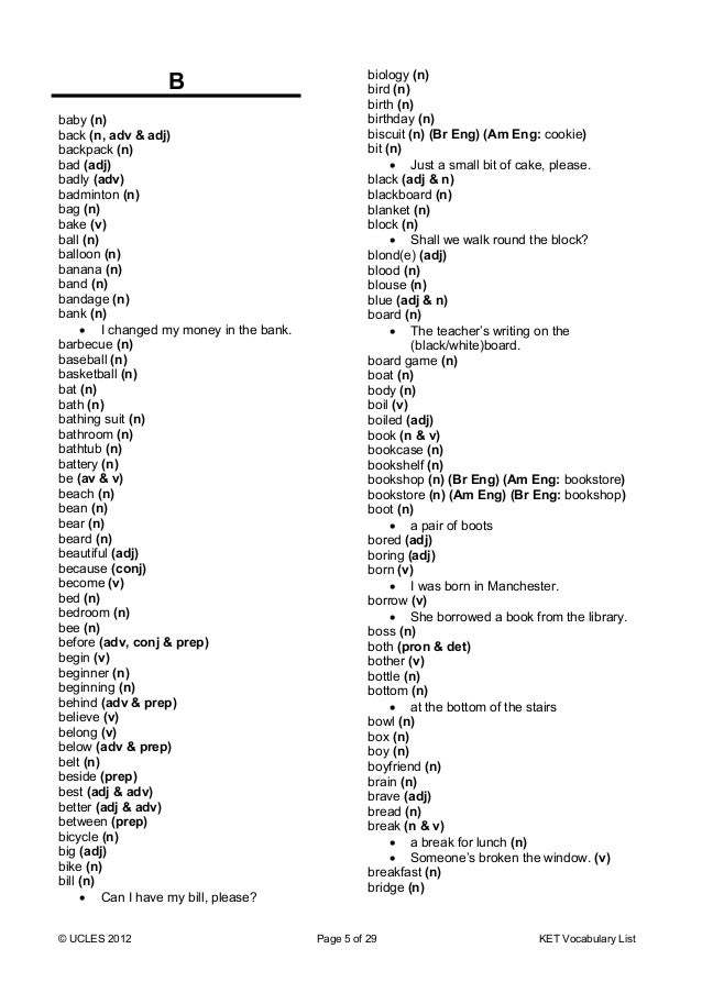 Key vocabulary list