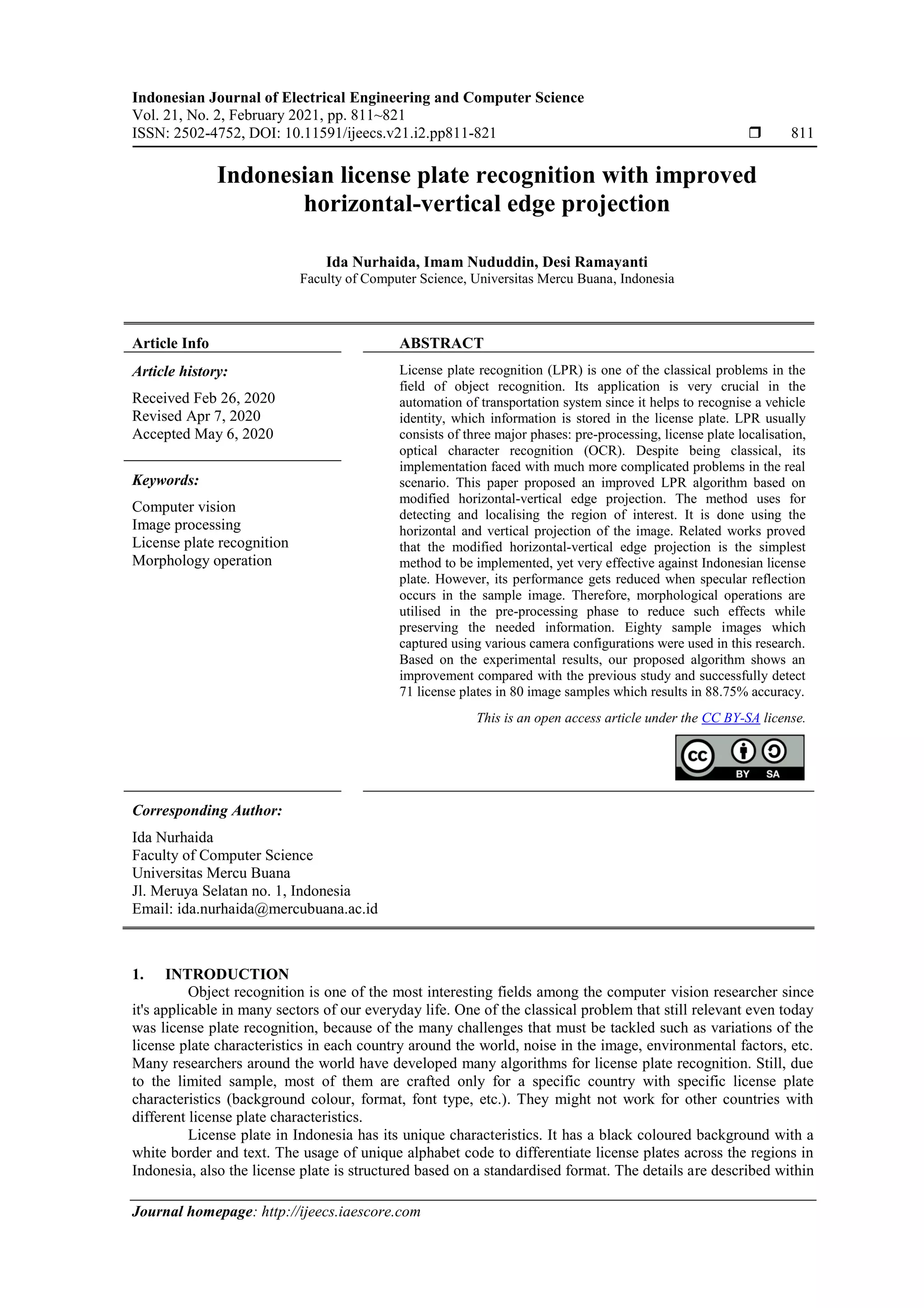 Indonesian license plate recognition with improved horizontal-vertical edge projection | PDF