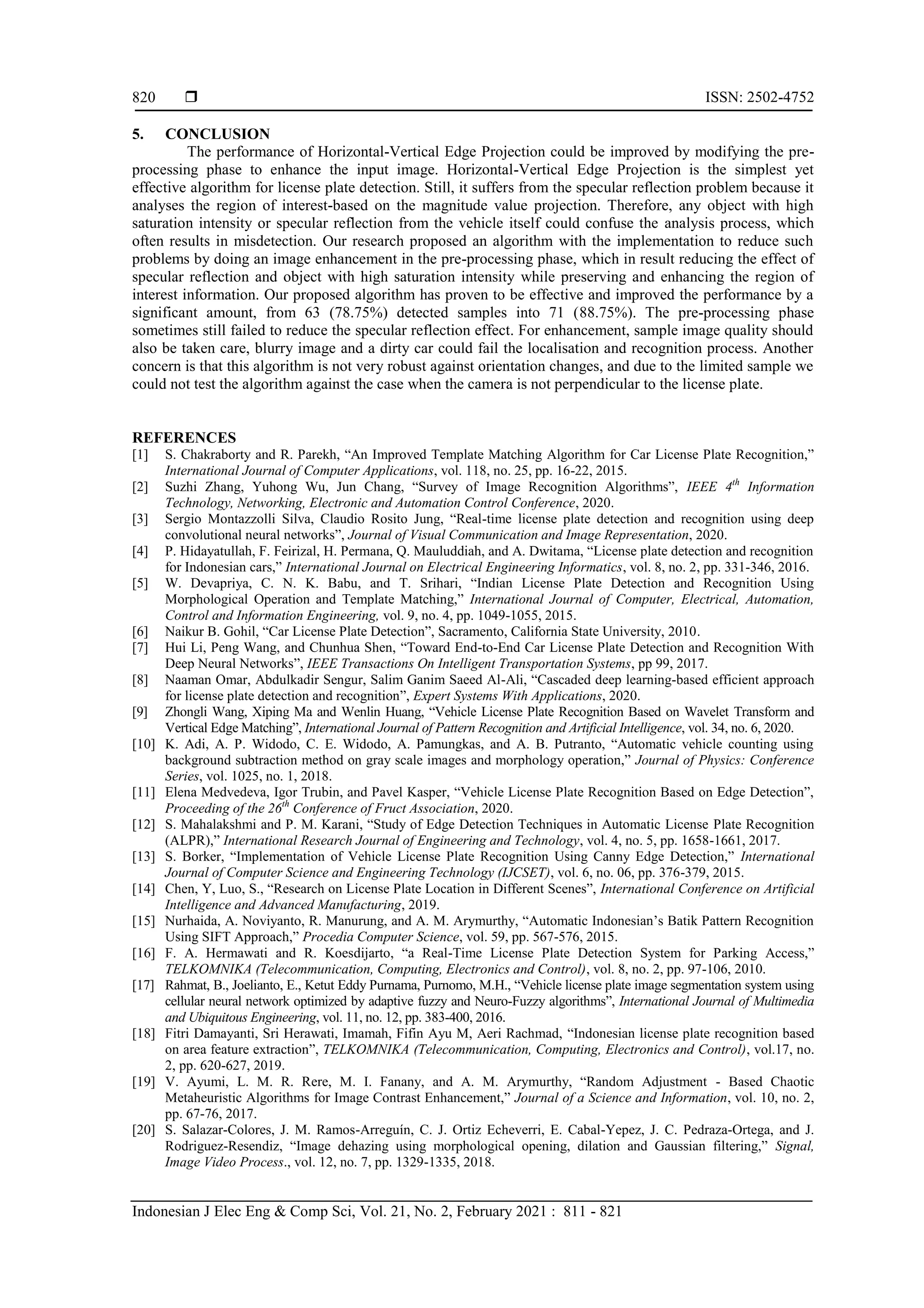 Indonesian license plate recognition with improved horizontal-vertical edge projection | PDF